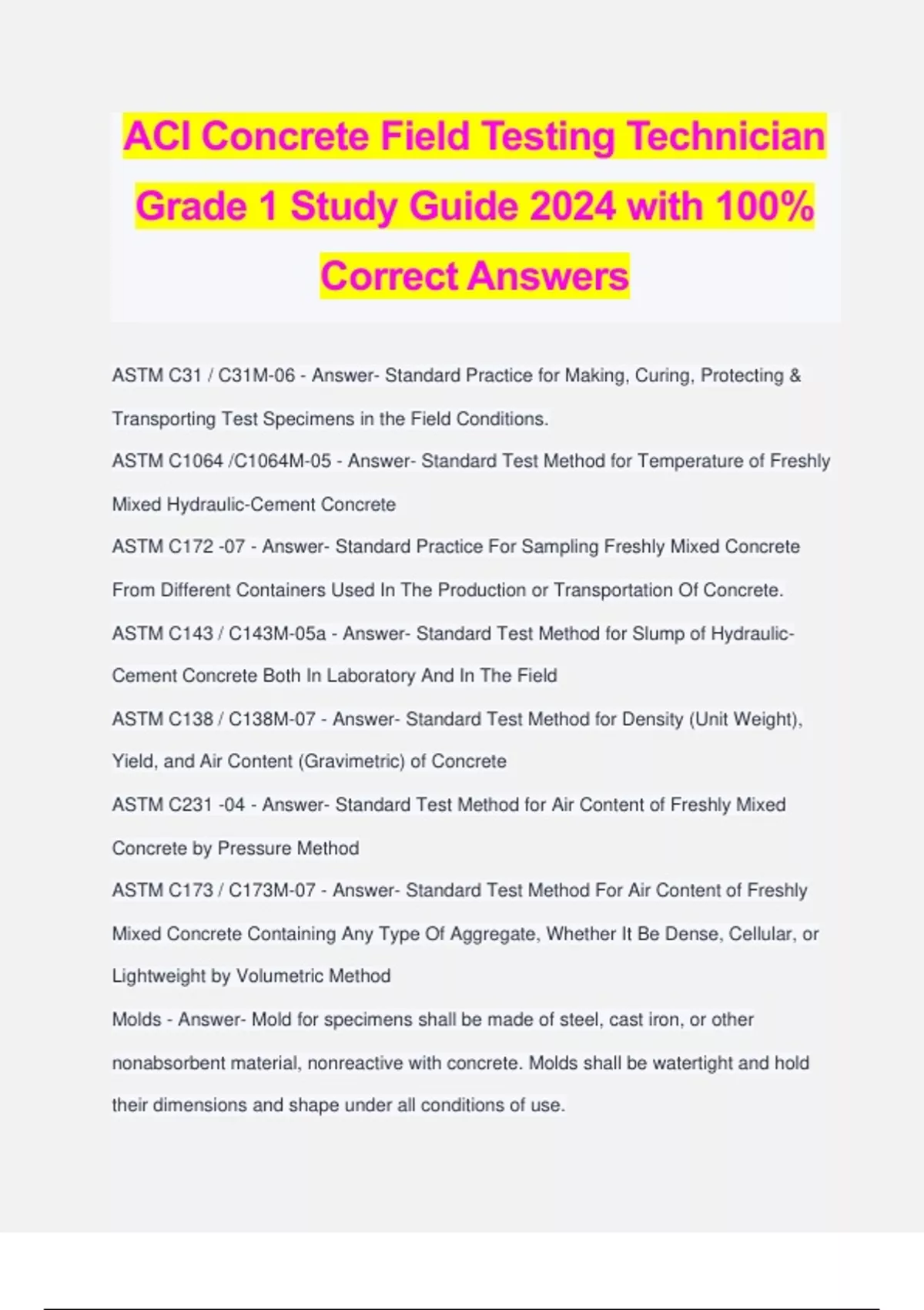 ACI Concrete Field Testing Technician Grade 1 Study Guide 2024 with 100 ...