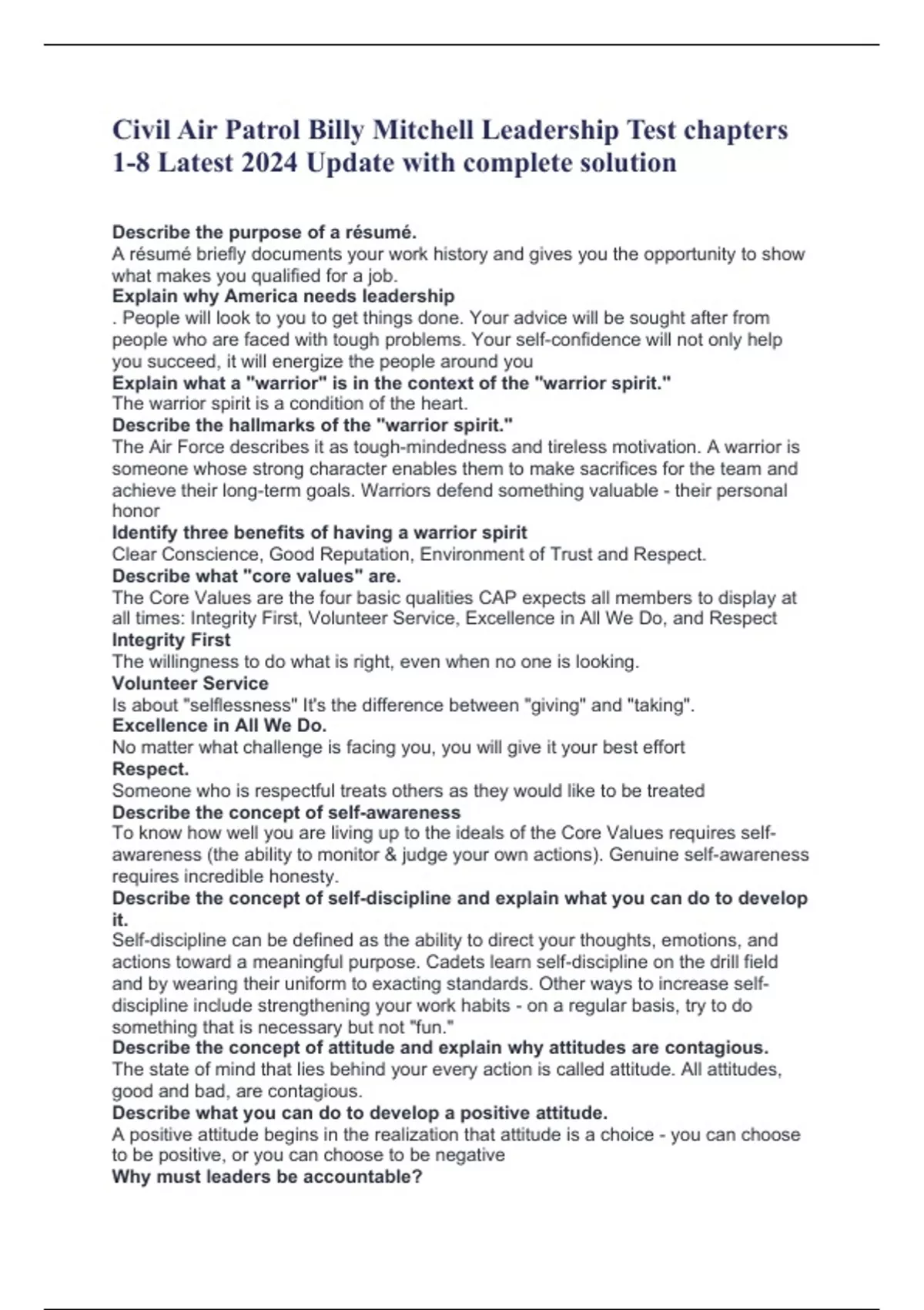 Civil Air Patrol Billy Mitchell Leadership Test chapters 1-8 Latest ...