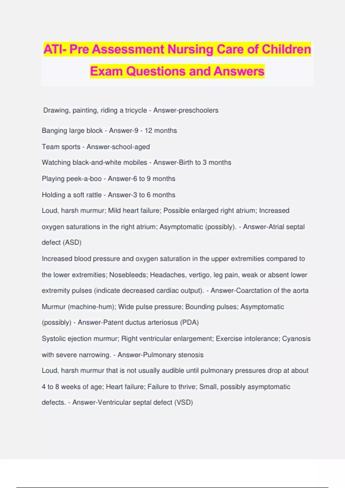 ATI- Pre Assessment Nursing Care of Children Exam Questions and Answers ...