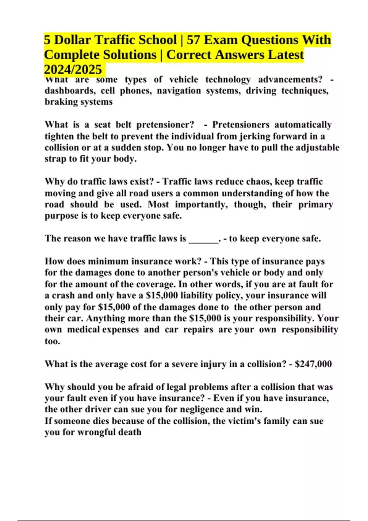 5 Dollar Traffic School | 57 Exam Questions With Complete Solutions ...