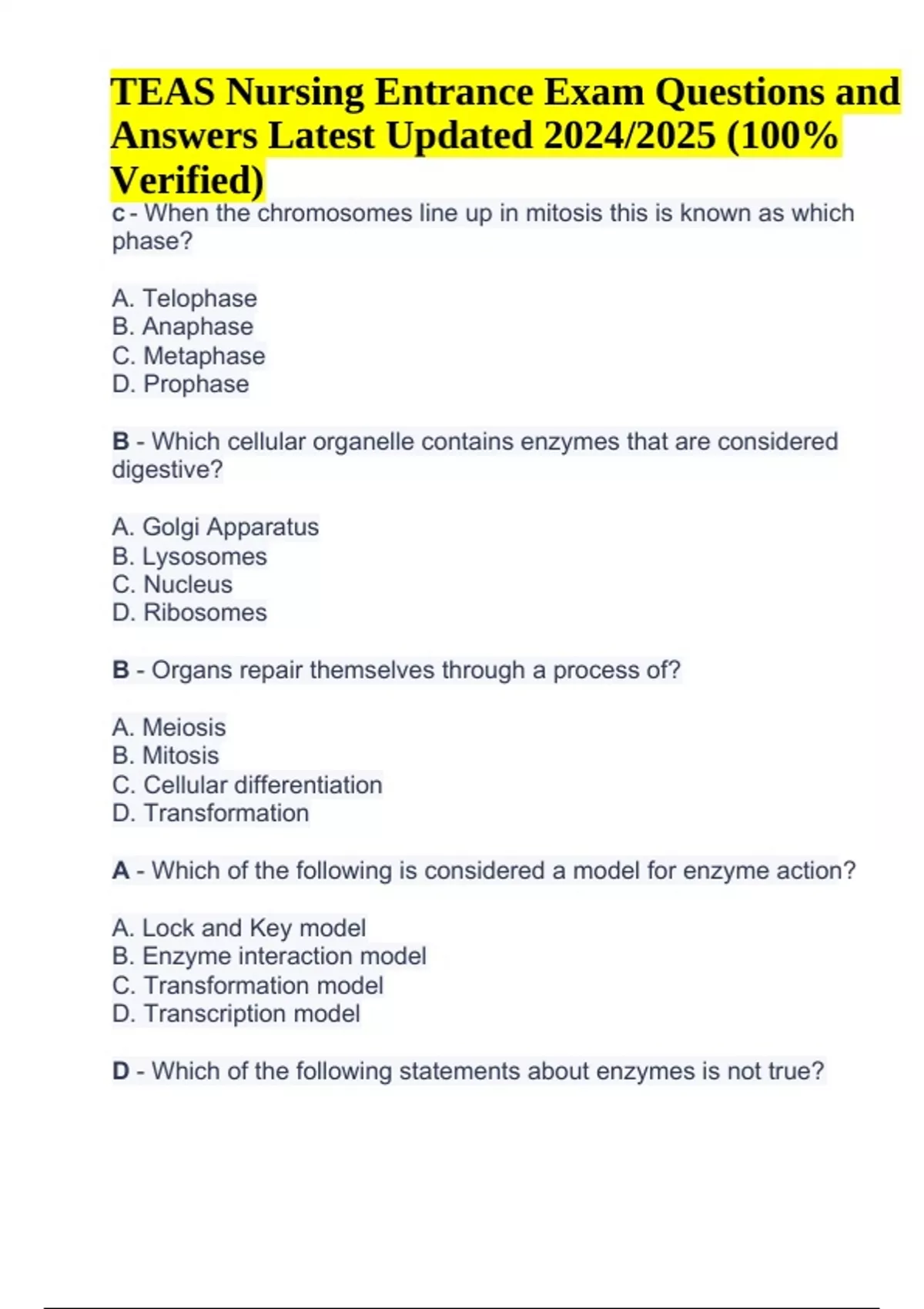 TEAS Nursing Entrance Exam Questions and Answers Latest Updated 2024/ ...