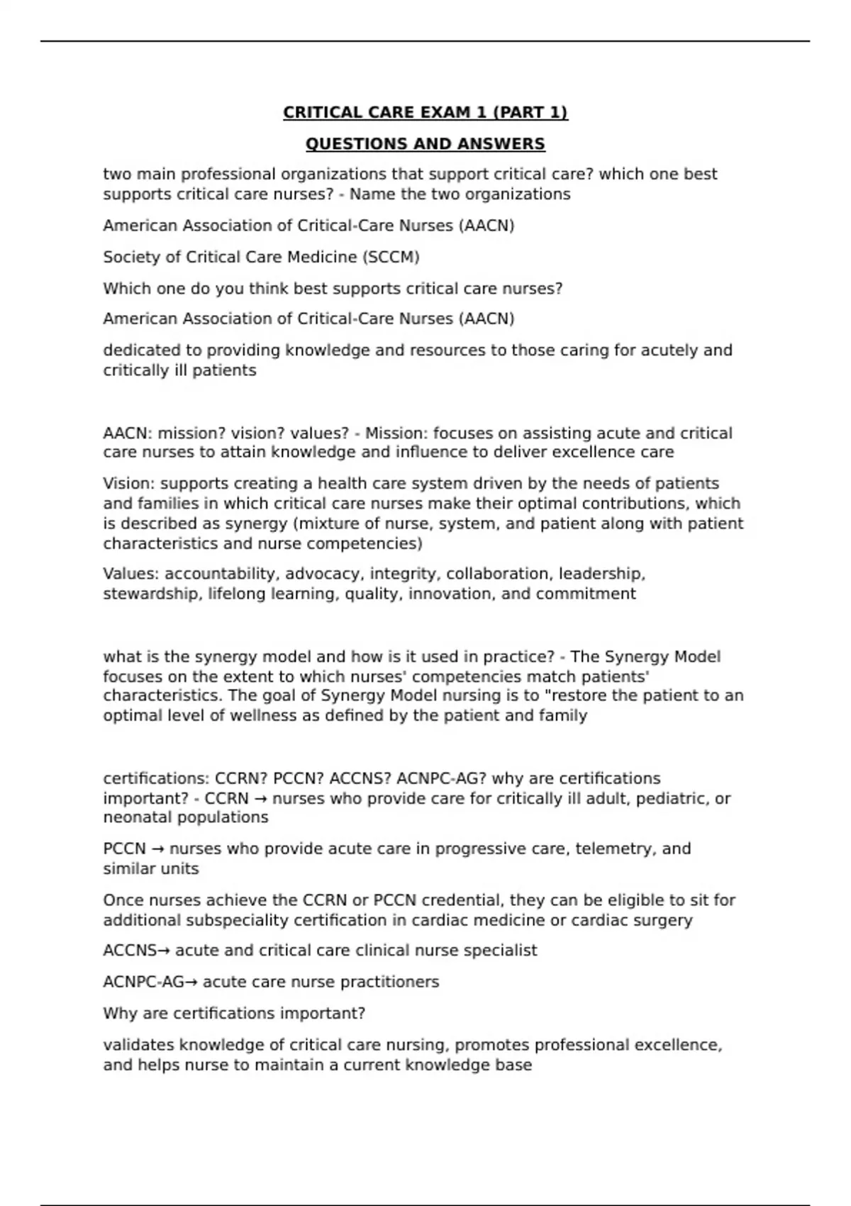 CRITICAL CARE EXAM 1 (PART 1) QUESTIONS AND ANSWERS - Practical nursing ...