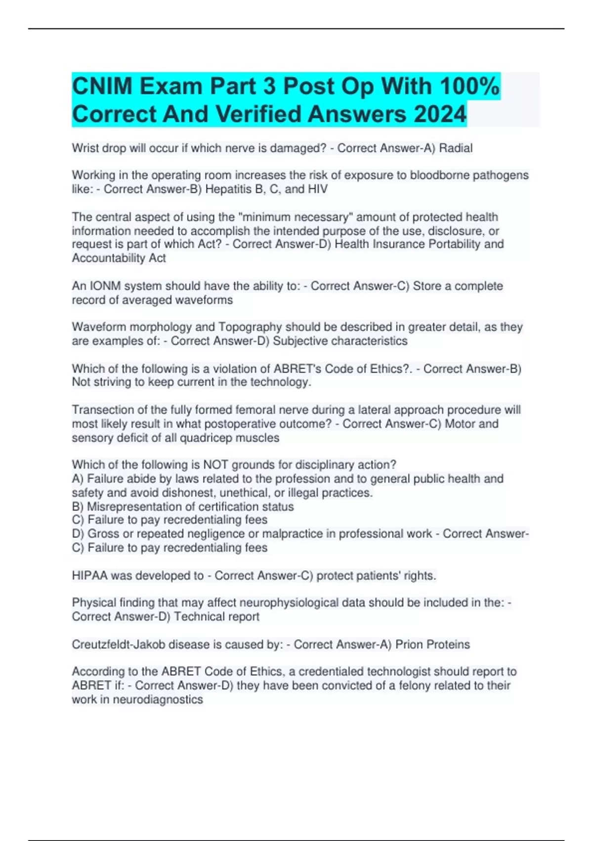 CNIM Exam Part 3 Post Op With 100% Correct And Verified Answers 2024 ...