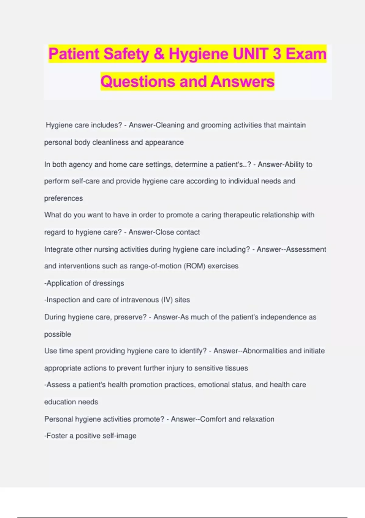 Patient Safety & Hygiene UNIT 3 Exam Questions and Answers - Hygiene ...