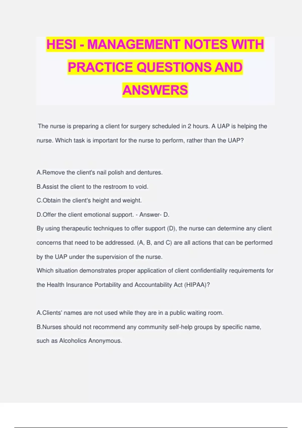 HESI - MANAGEMENT NOTES WITH PRACTICE QUESTIONS AND ANSWERS - HESI ...