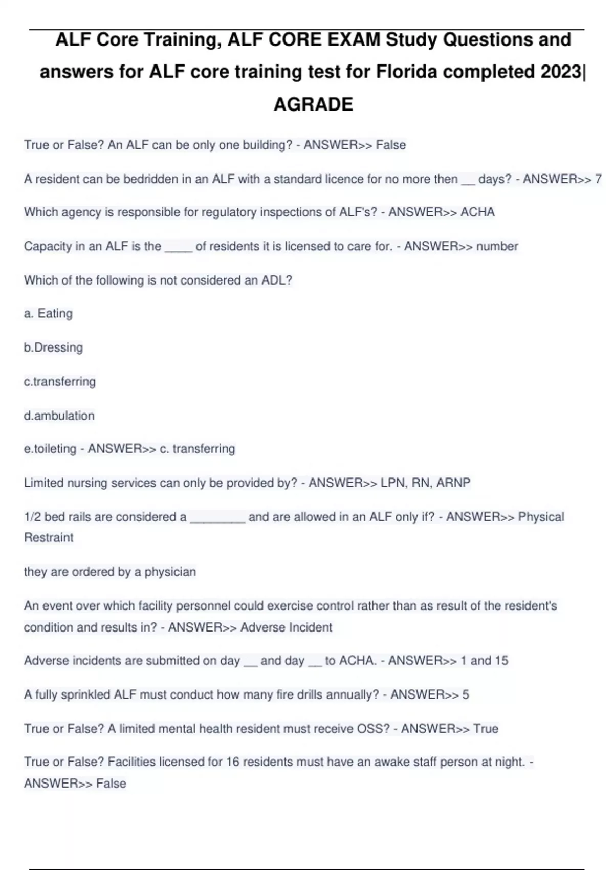 ALF Core Training Questions and answers for ALF core training test for ...