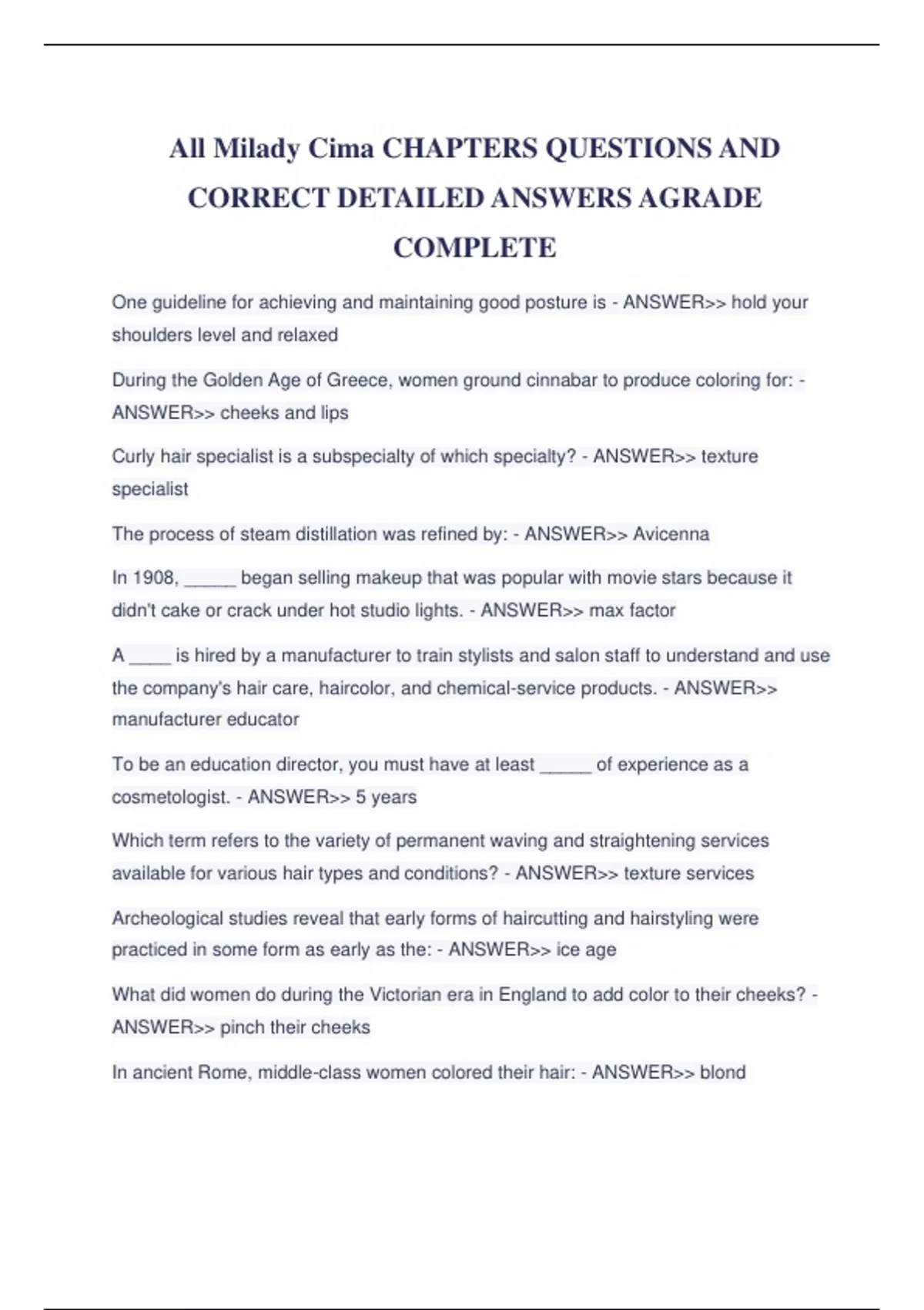 All Milady Cima CHAPTERS QUESTIONS AND CORRECT DETAILED ANSWERS AGRADE ...