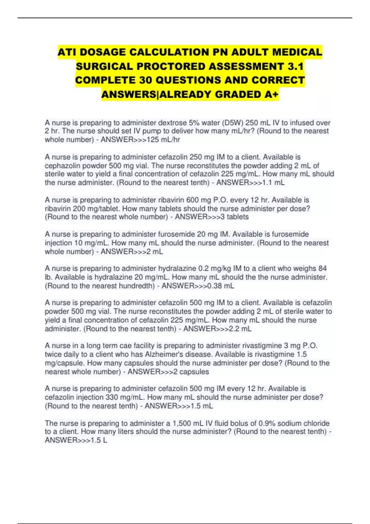 ATI DOSAGE CALCULATION PN ADULT MEDICAL SURGICAL PROCTORED ASSESSMENT 3 ...