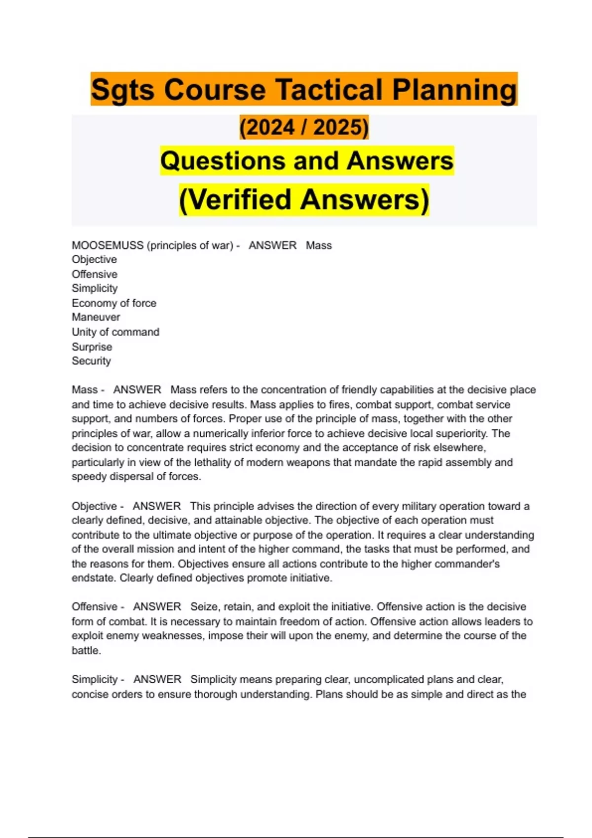 Sgts Course Tactical Planning (2024 / 2025) Questions and Answers ...