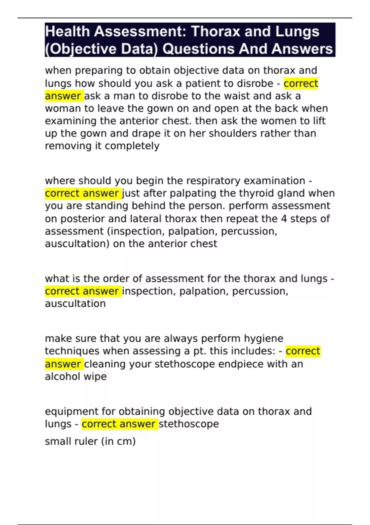 Health Assessment: Thorax and Lungs (Objective Data) Questions And ...