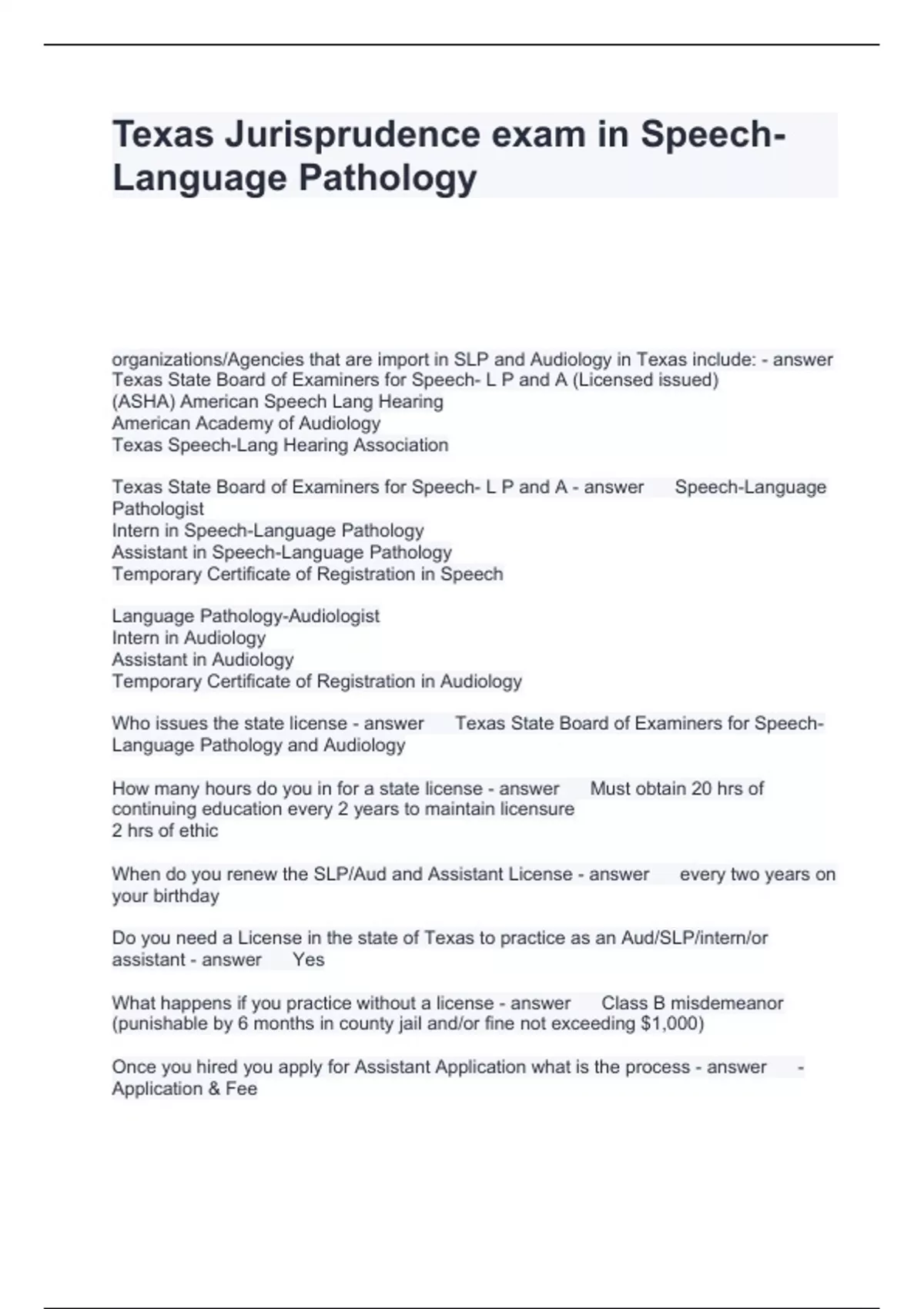 Texas Jurisprudence exam in Speech-Language Pathology Questions with ...