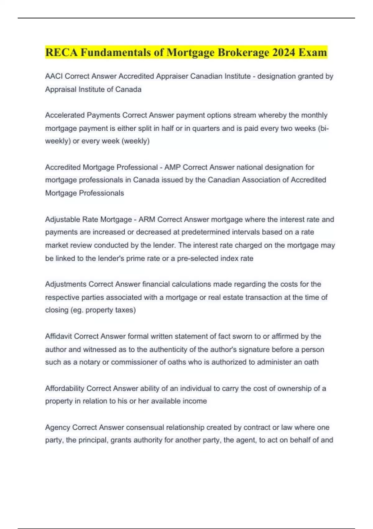 RECA Fundamentals of Mortgage Brokerage 2024 Exam - RECA Fundamentals ...