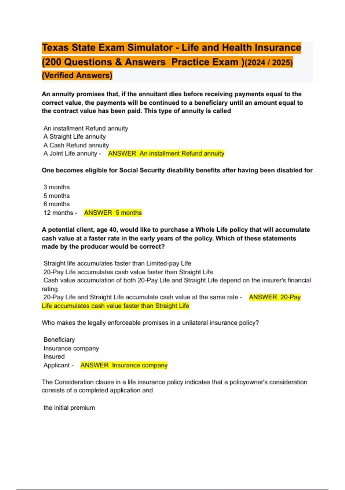 Texas State Exam Simulator - Life and Health Insurance (200 Questions ...