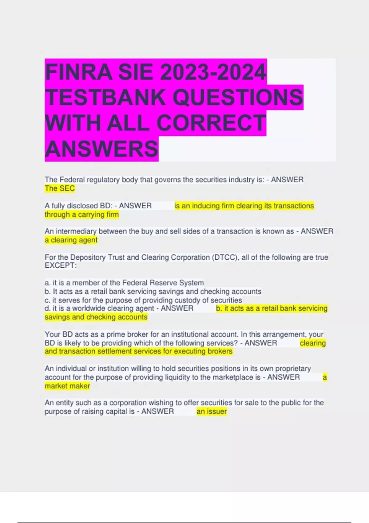 FINRA SIE TESTBANK QUESTIONS WITH ALL CORRECT ANSWERS - FINRA SIE ...