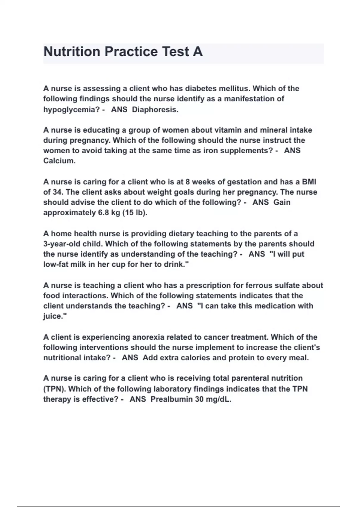 Nutrition Practice Test A 2024 - Nutrition Practice - Stuvia US
