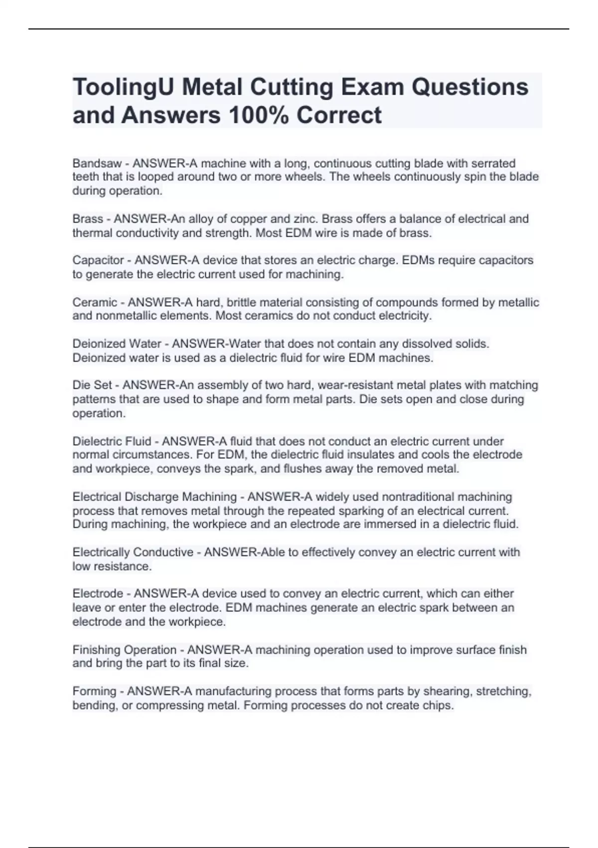 ToolingU Metal Cutting Exam Questions and Answers 100% Correct ...