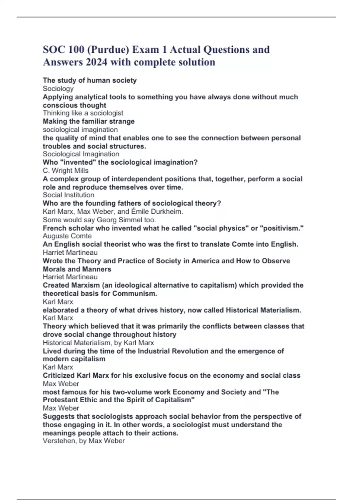 SOC 100 (Purdue) Exam 1 Actual Questions and Answers 2024 with complete ...