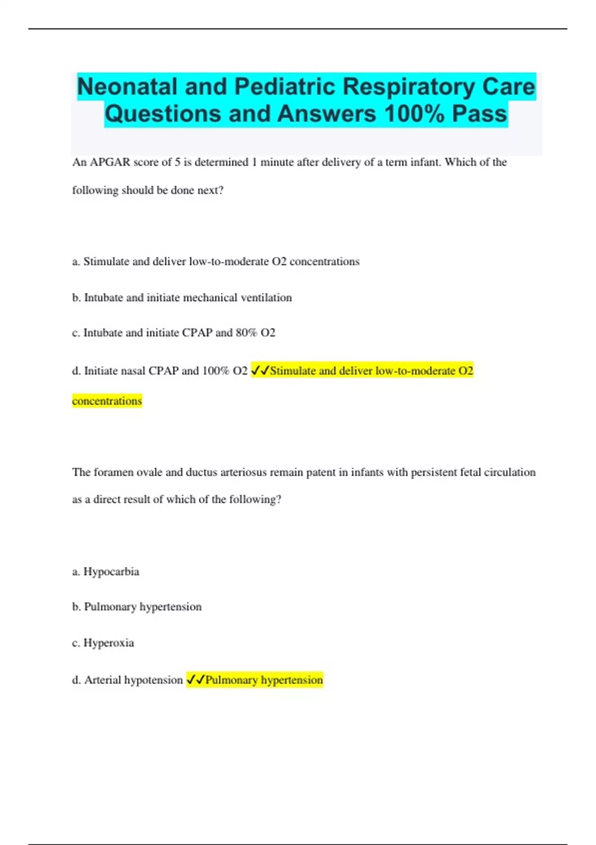 Neonatal and Pediatric Respiratory Care Questions and Answers 100% Pass ...