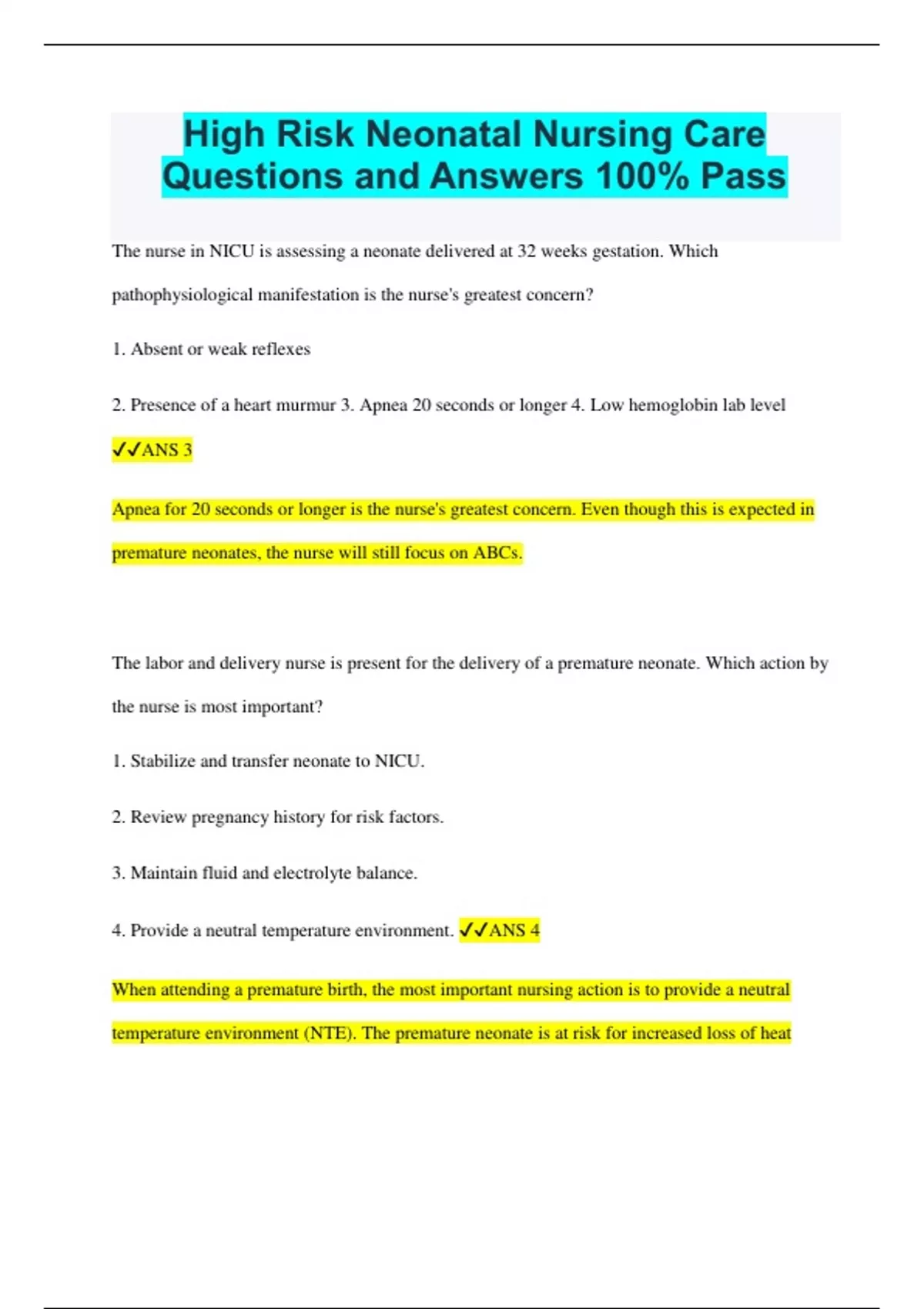 High Risk Neonatal Nursing Care Questions and Answers 100% Pass - High ...
