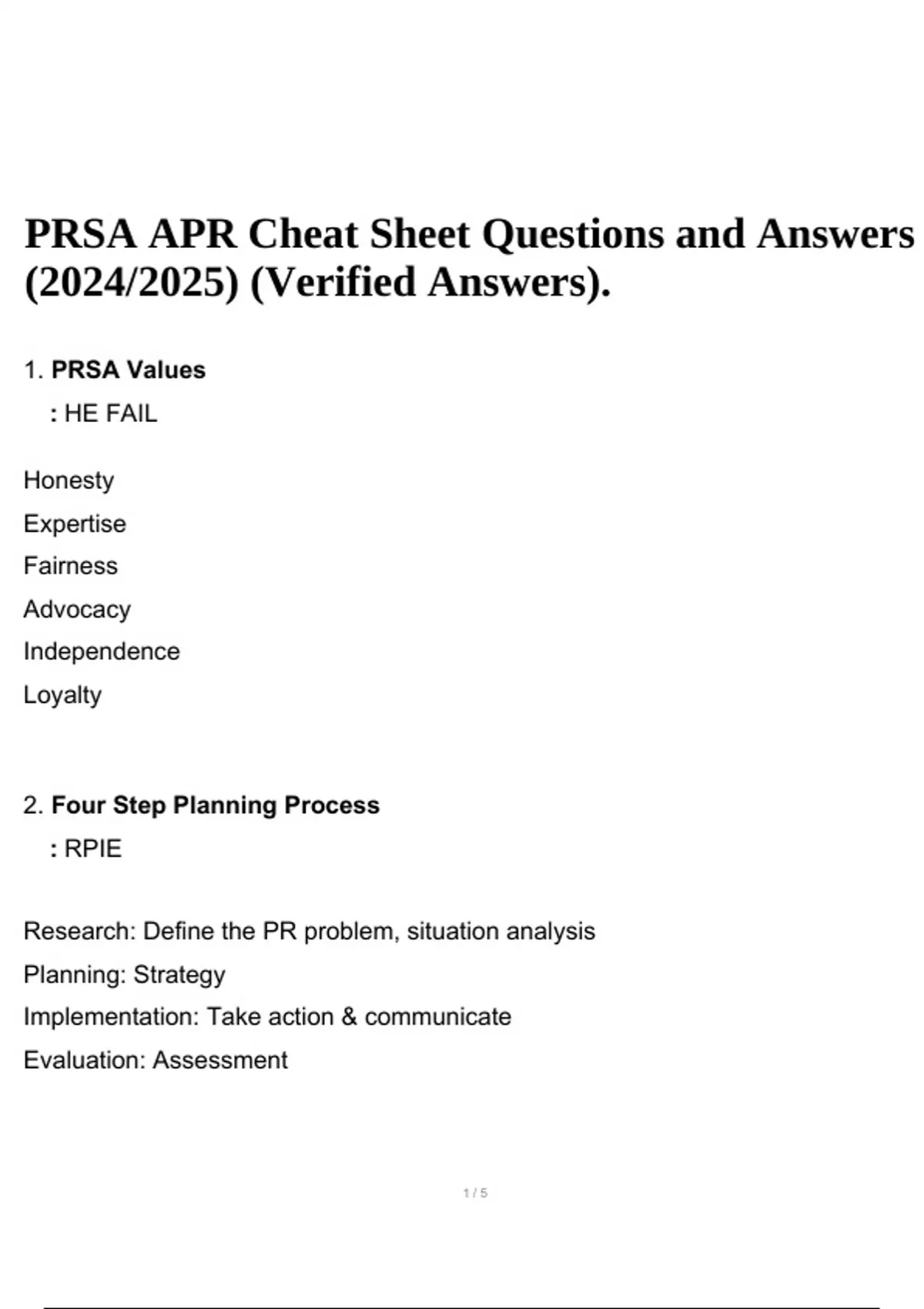 PRSA APR Cheat Sheet Questions and Answers (2024/2025) (Verified ...