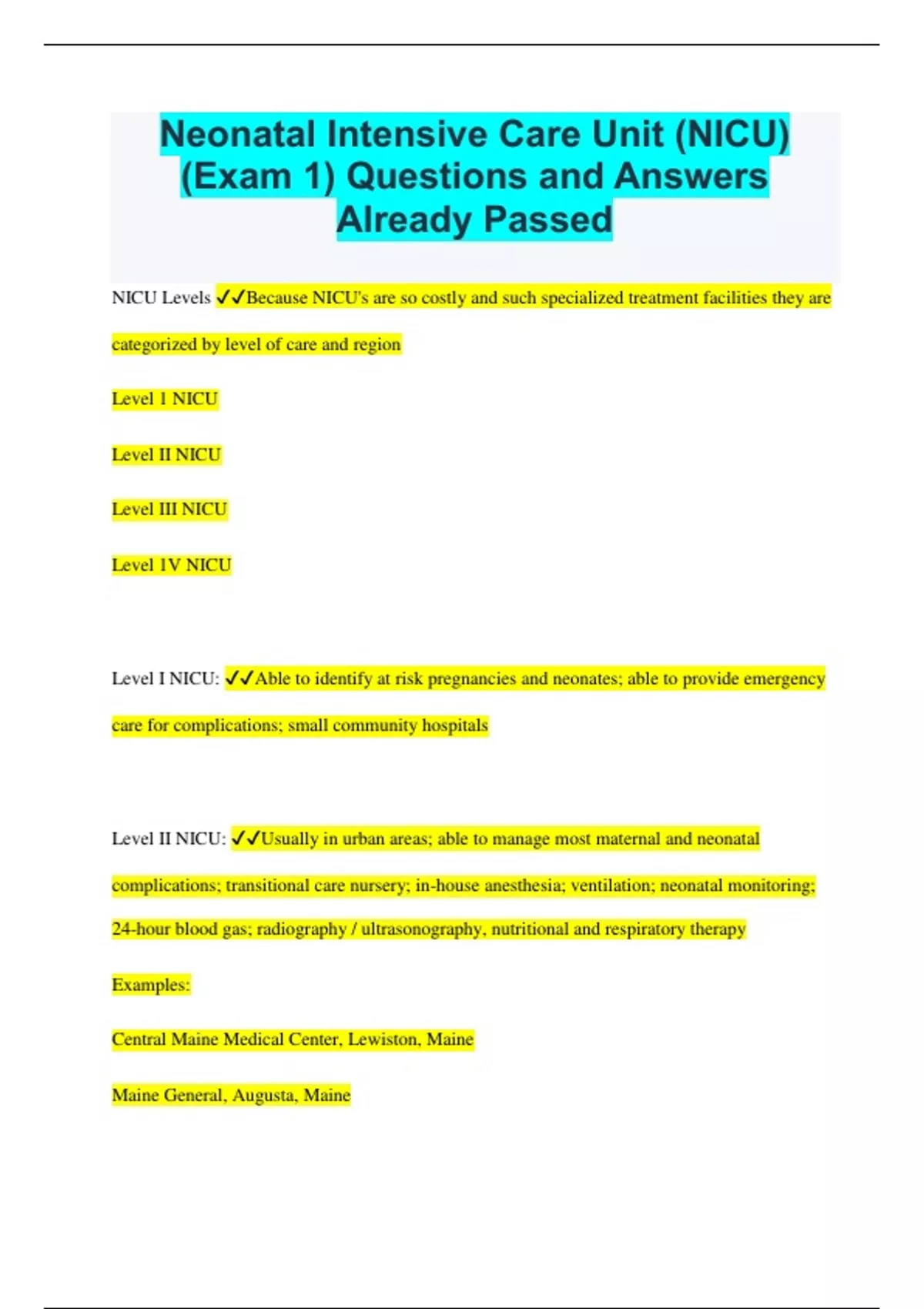 Neonatal Intensive Care Unit (NICU) (Exam 1) Questions and Answers Already Passed - Neonatal ...