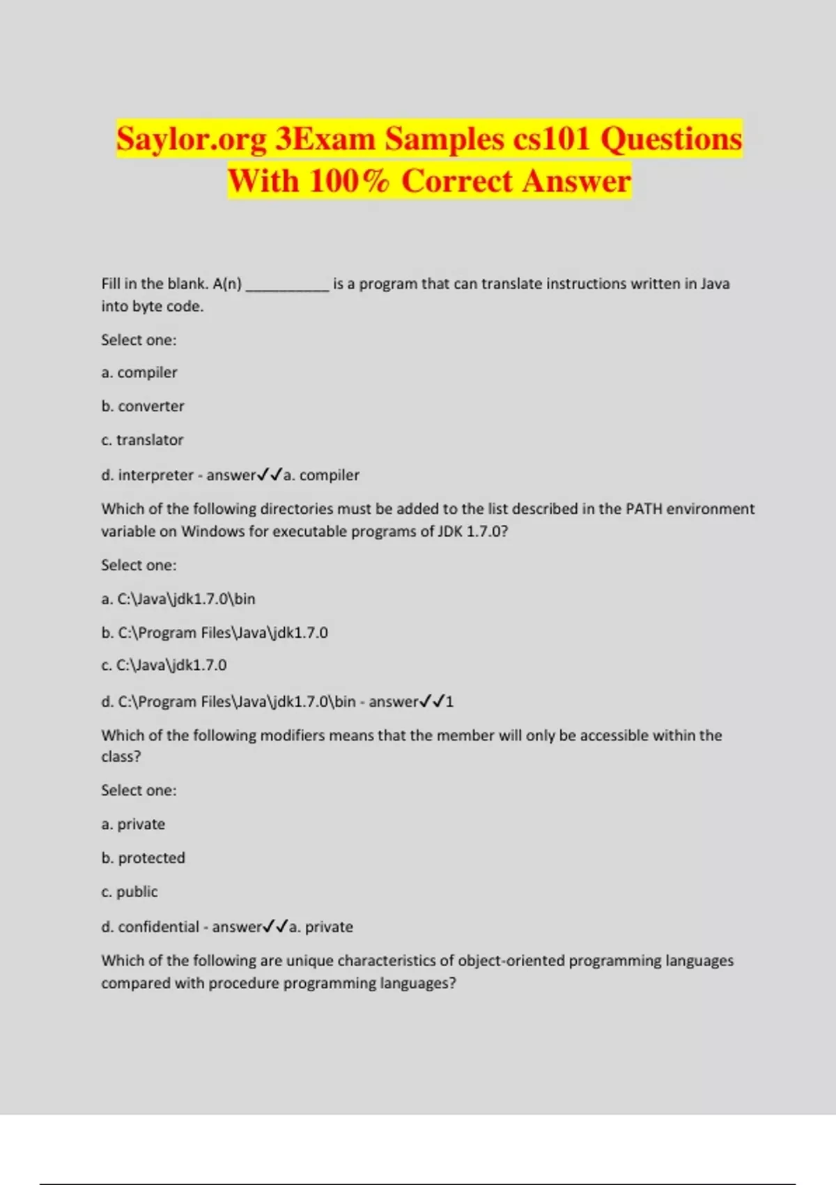 Saylor.org 3Exam Samples cs101 Questions With 100% Correct Answer - Saylor - Stuvia US