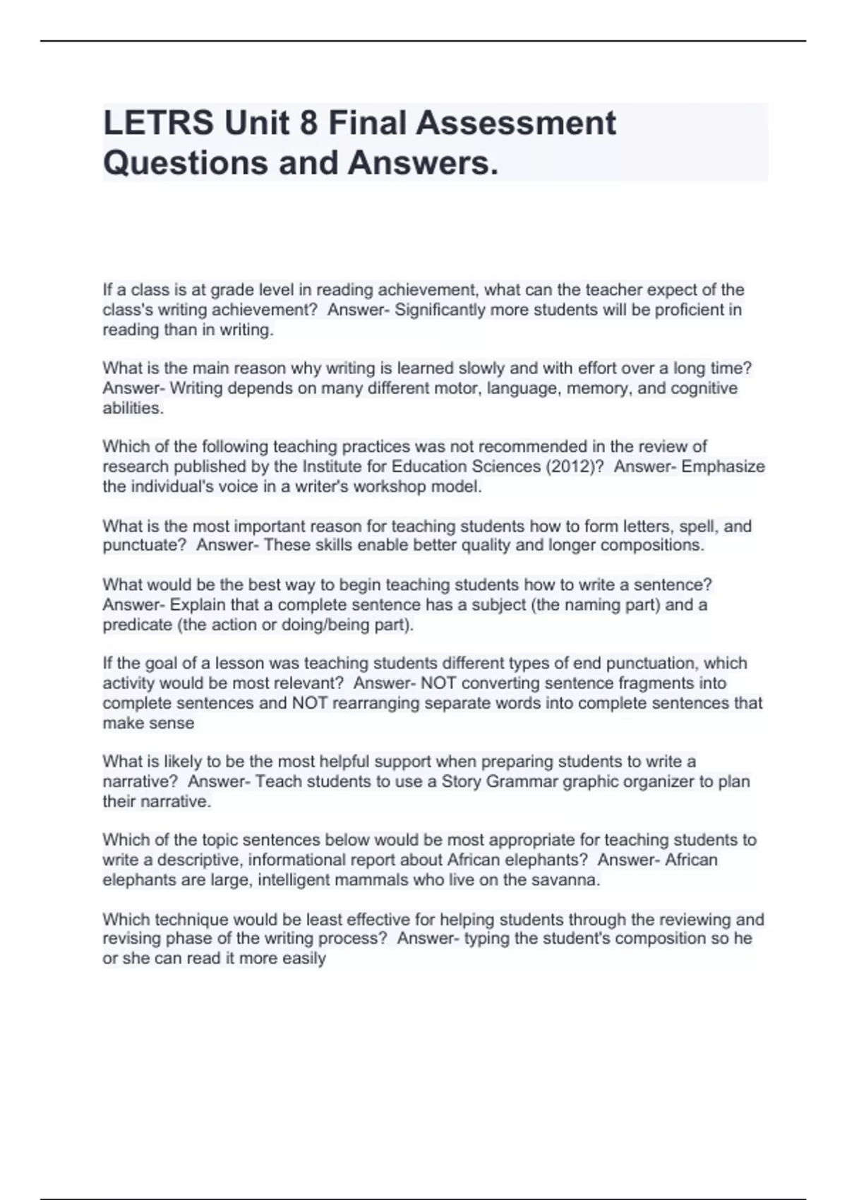 LETRS Unit 8 Final Assessment Questions and Answers - Letrs - Stuvia US