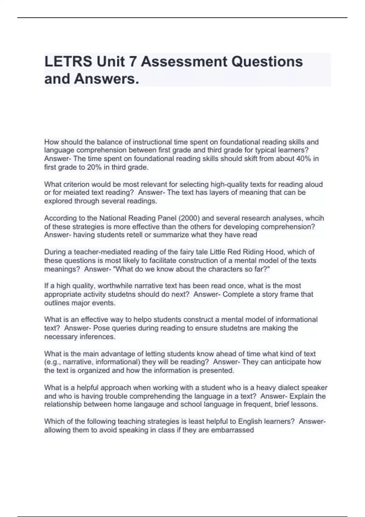 LETRS Unit 7 Assessment Questions and Answers - Letrs - Stuvia US