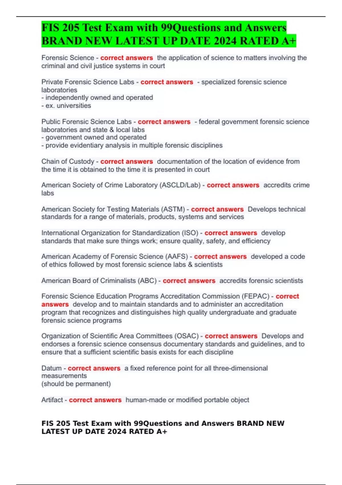 FIS 205 Test Exam with 99Questions and Answers BRAND NEW LATEST UP DATE ...