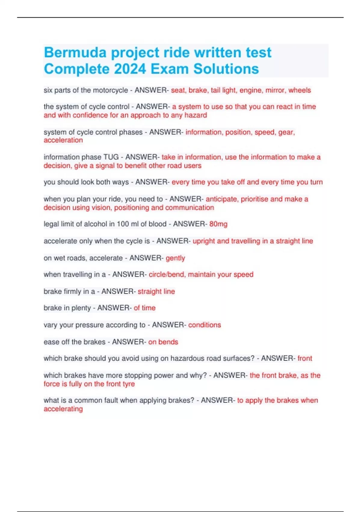 Bermuda project ride written test Complete 2024 Exam Solutions ...