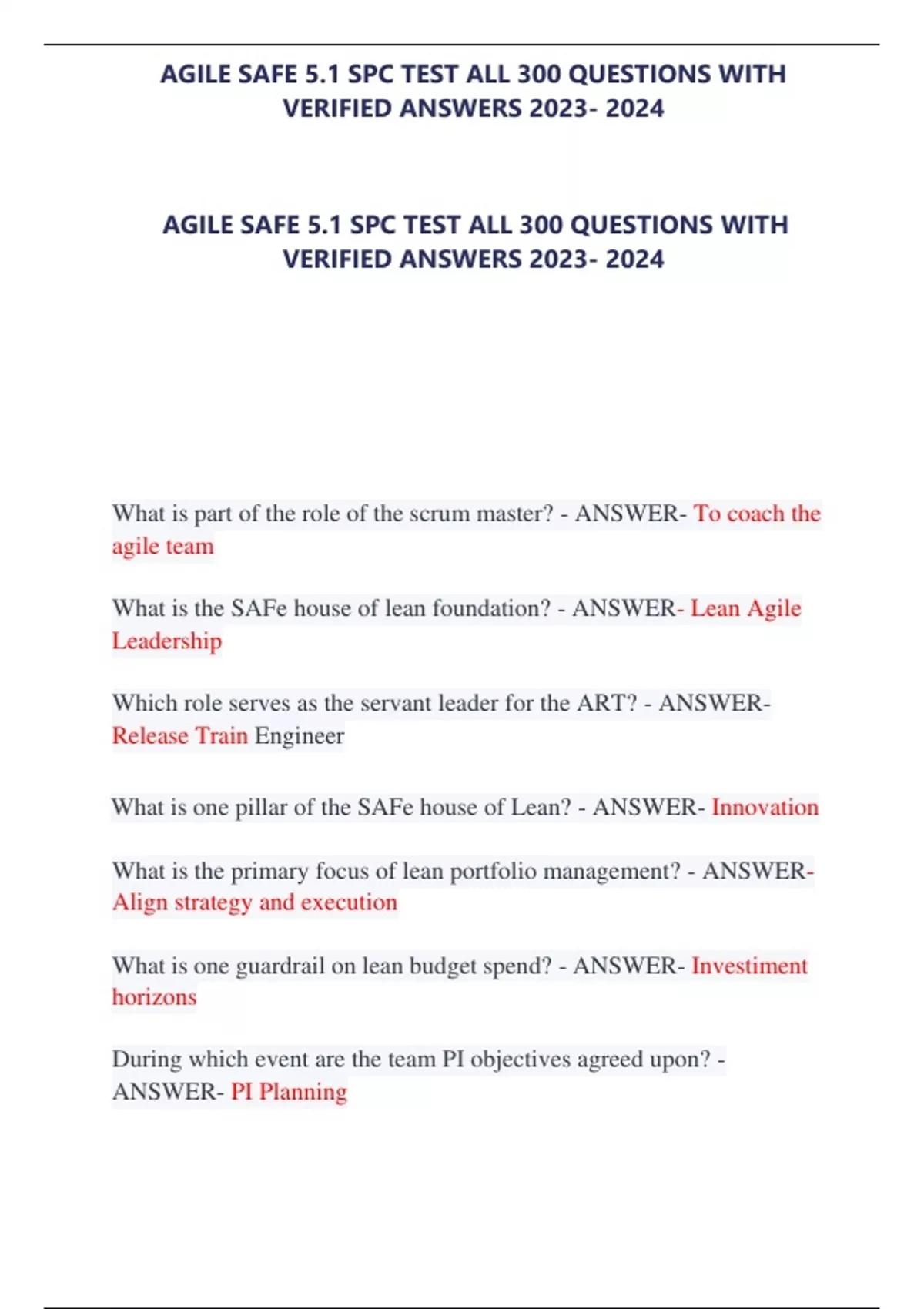 Agile Safe 5 1 Spc Test All 300 Questions With Verified Answers Nursing Stuvia Us