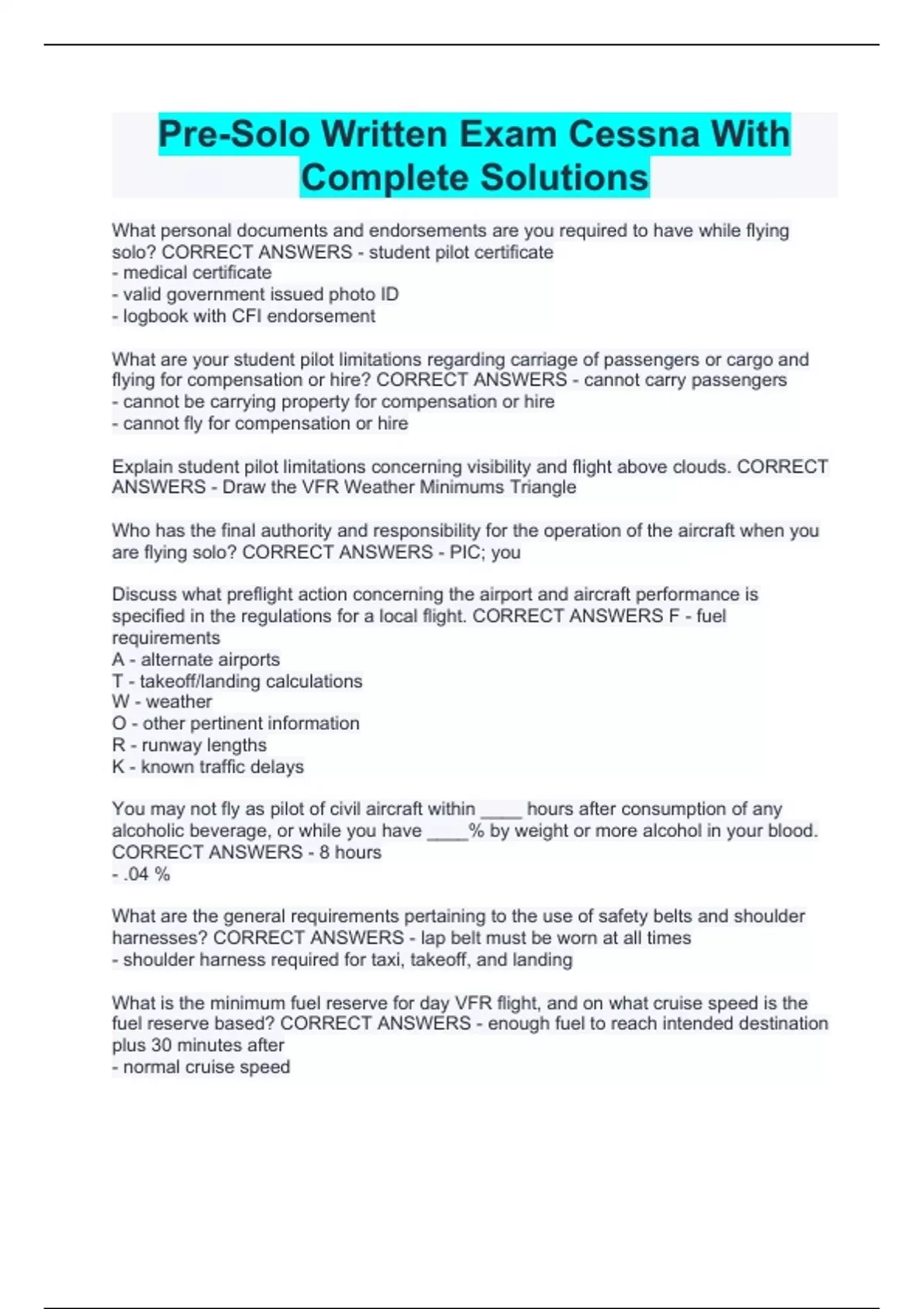 Pre-Solo Written Exam Cessna With Complete Solutions - Pre-Solo - Stuvia US