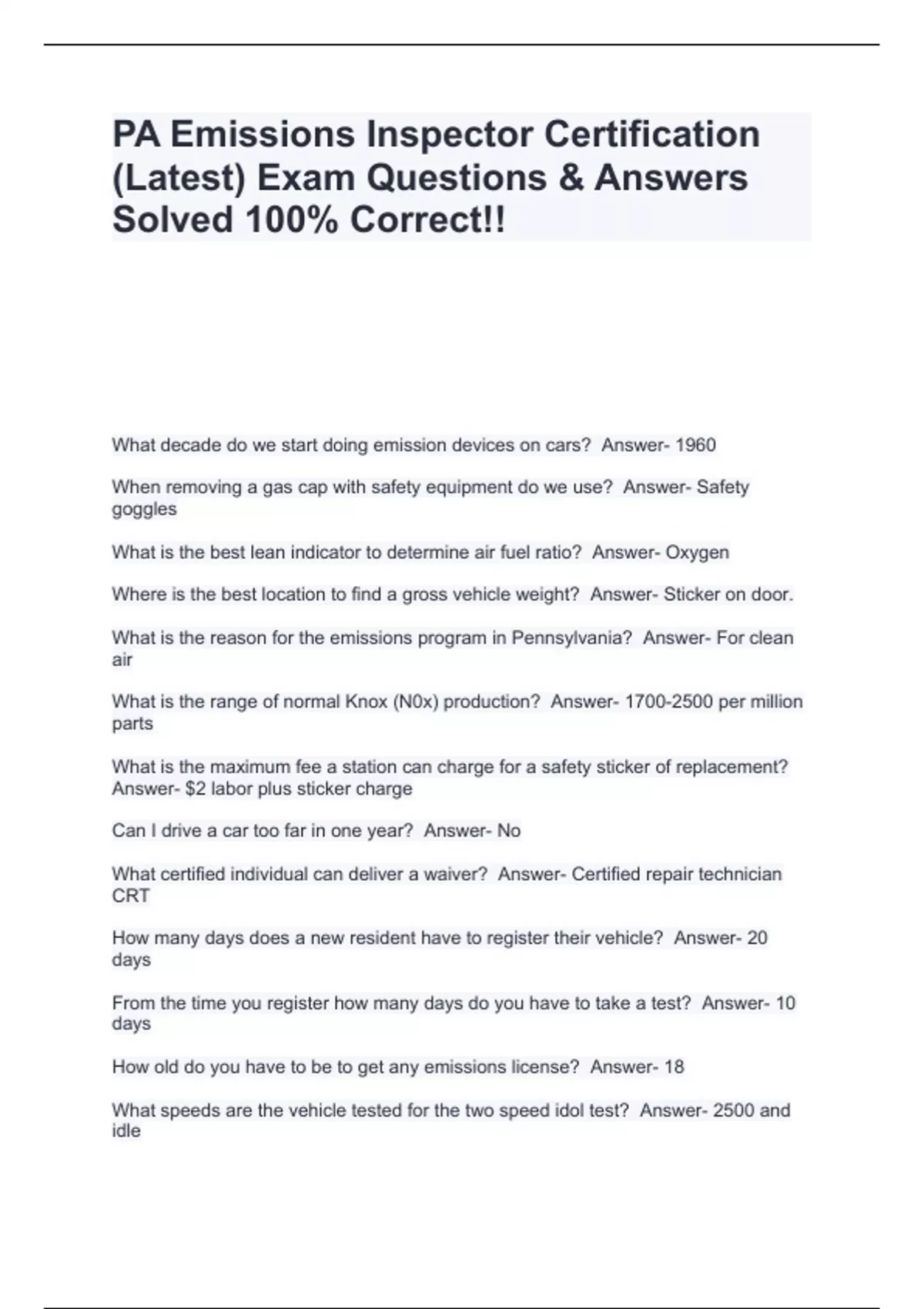 PA Emissions Inspector Certification (Latest) Exam Questions & Answers ...
