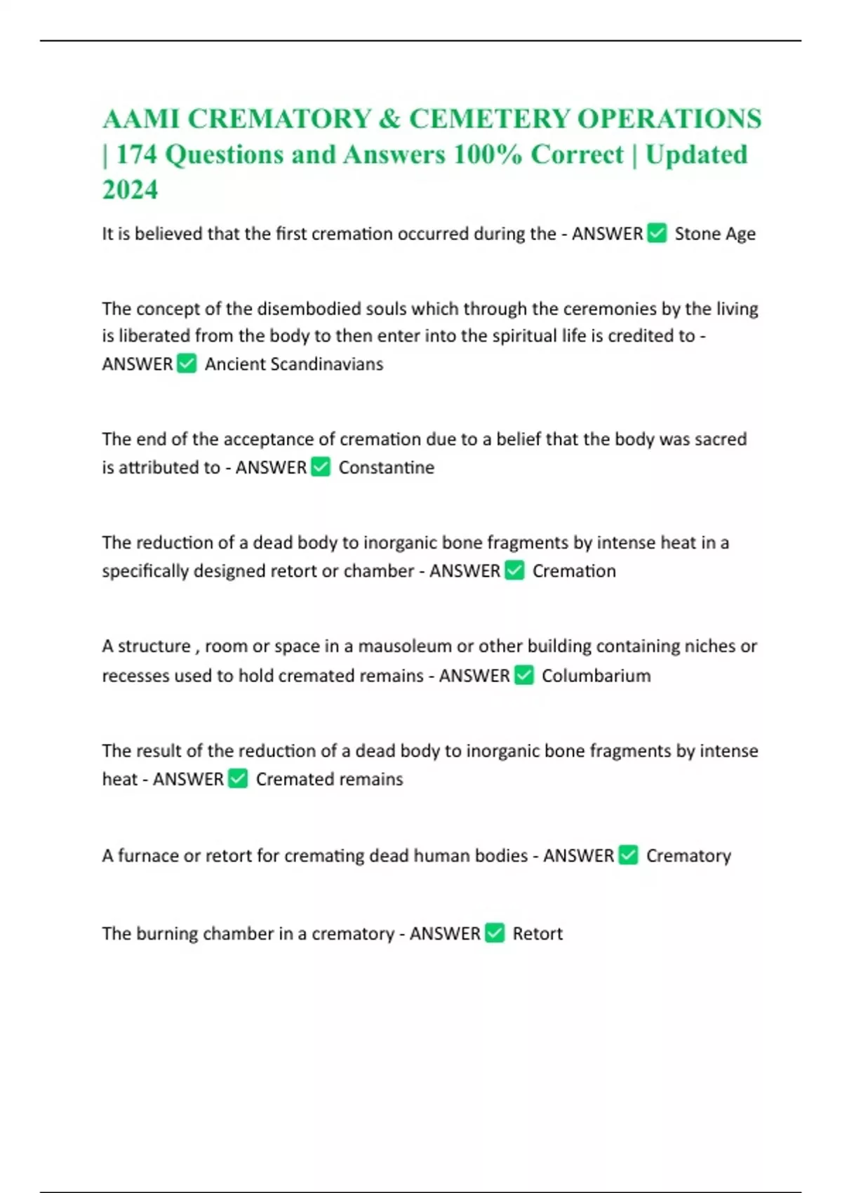 AAMI CREMATORY & CEMETERY OPERATIONS | 174 Questions and Answers 100% ...