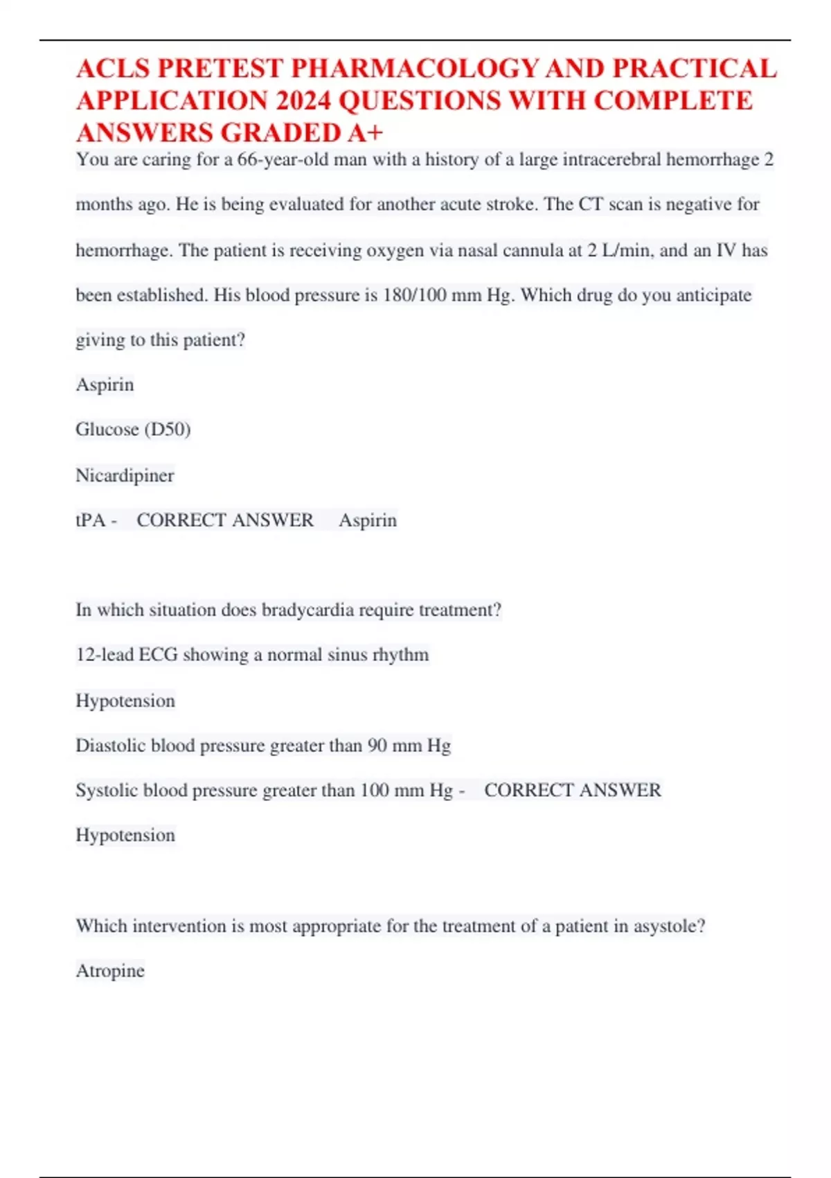 ACLS PRETEST PHARMACOLOGY AND PRACTICAL APPLICATION 2024 QUESTIONS WITH ...