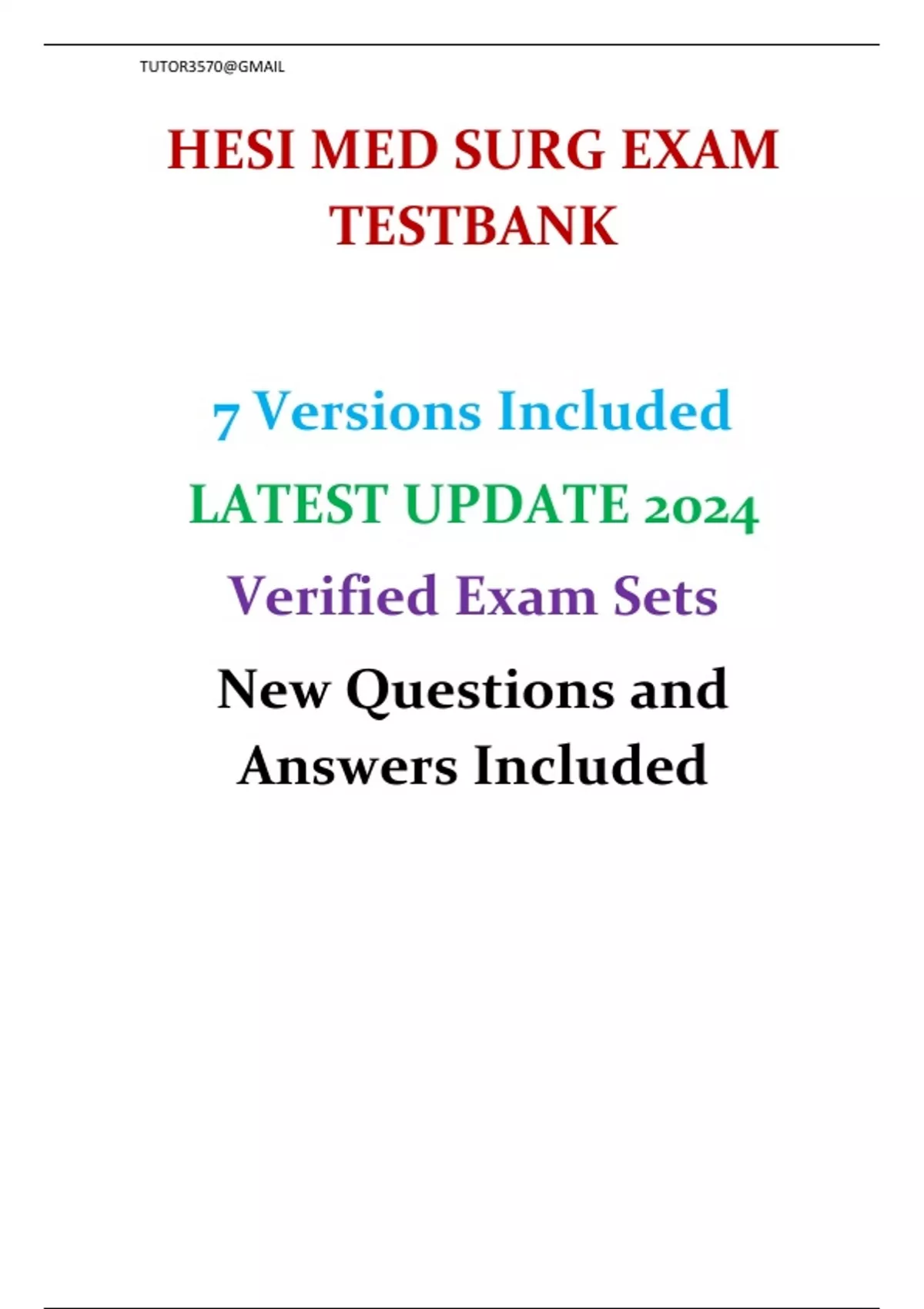 HESI Med Surg Exam Test bank 7 Versions Included LATEST UPDATE 2024 ...