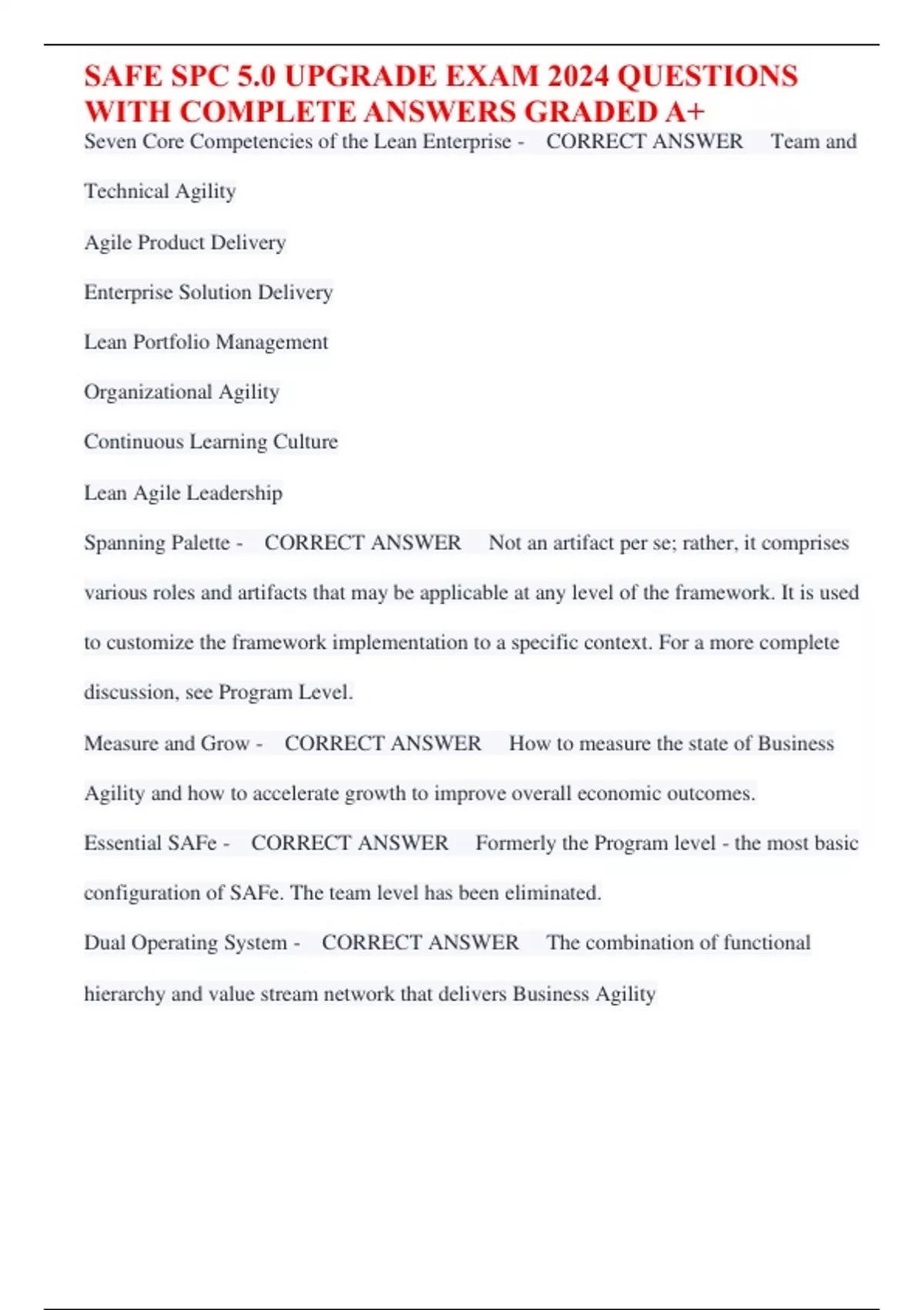 SAFE SPC 5.0 UPGRADE EXAM 2024 QUESTIONS WITH COMPLETE ANSWERS GRADED ...