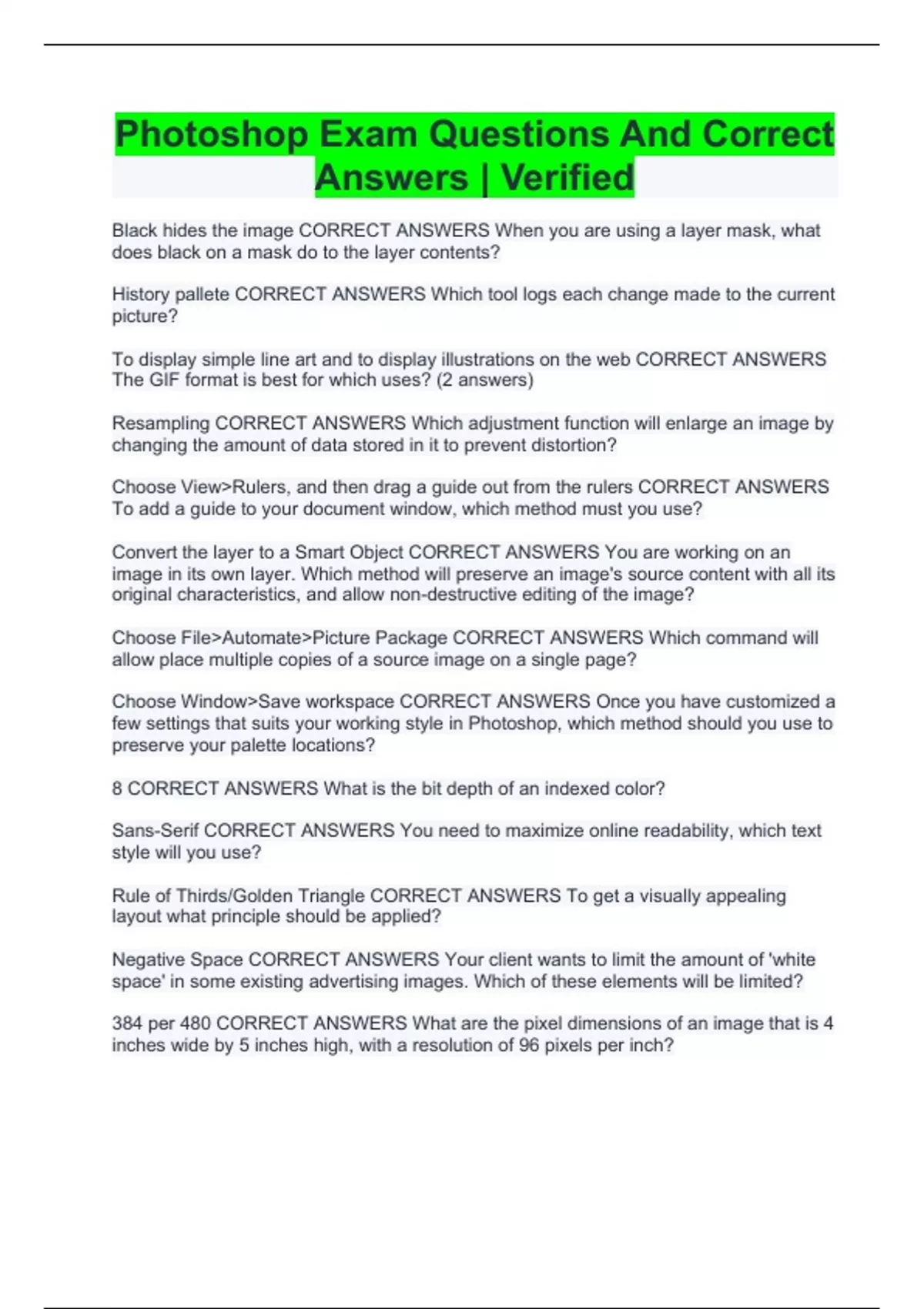 Photoshop Exam Questions And Correct Answers | Verified - Adobe ...