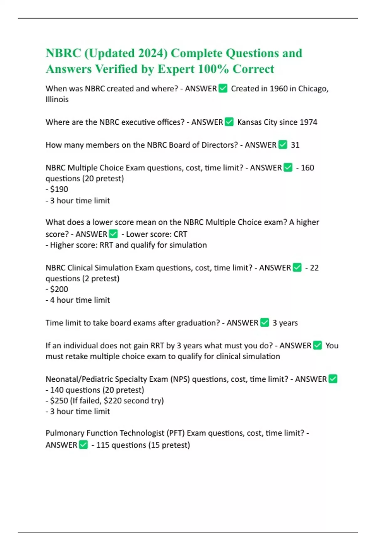 NBRC (Updated 2024) Complete Questions and Answers Verified by Expert ...