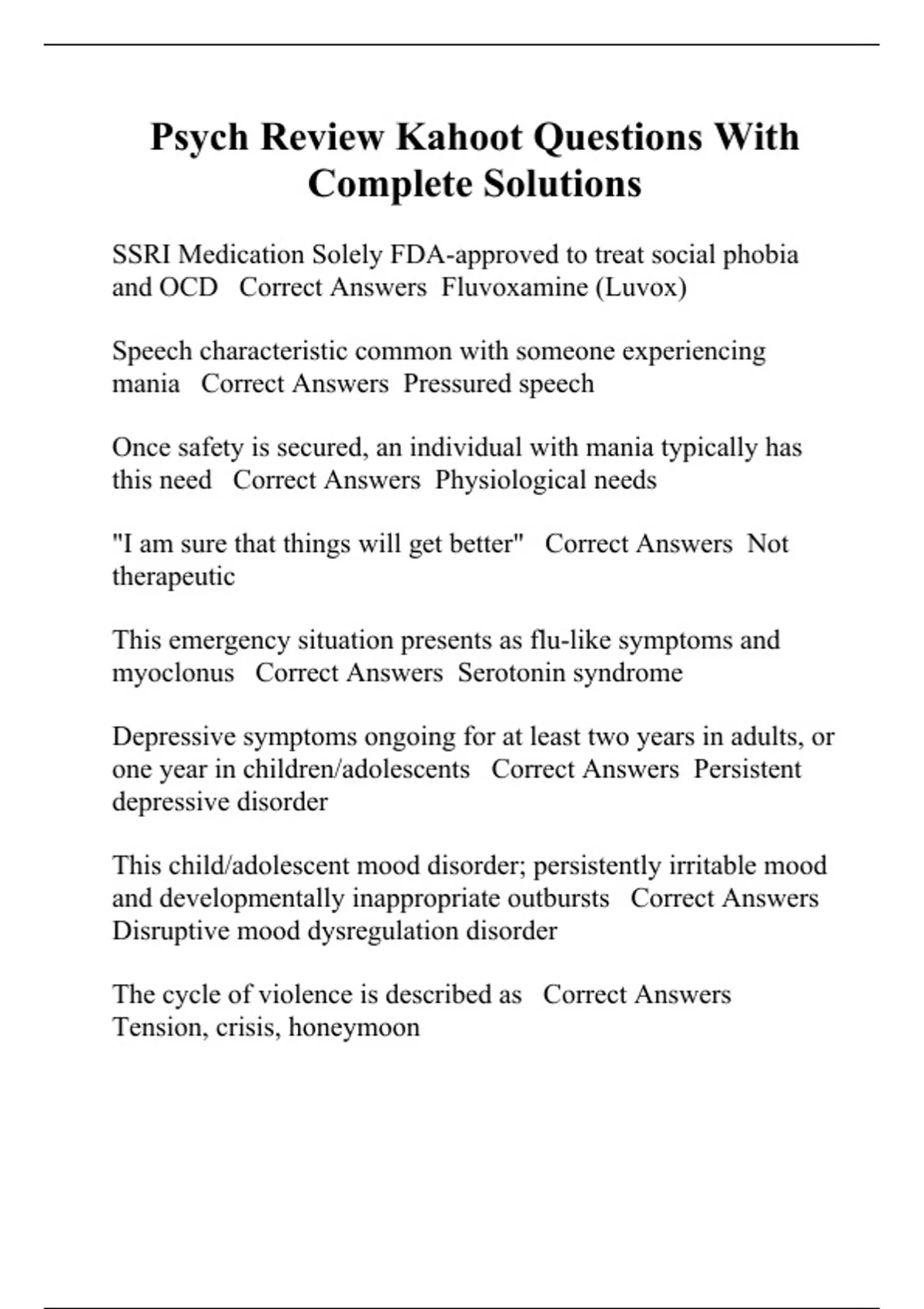 Psych Review Kahoot Questions With Complete Solutions - Psych - Stuvia US