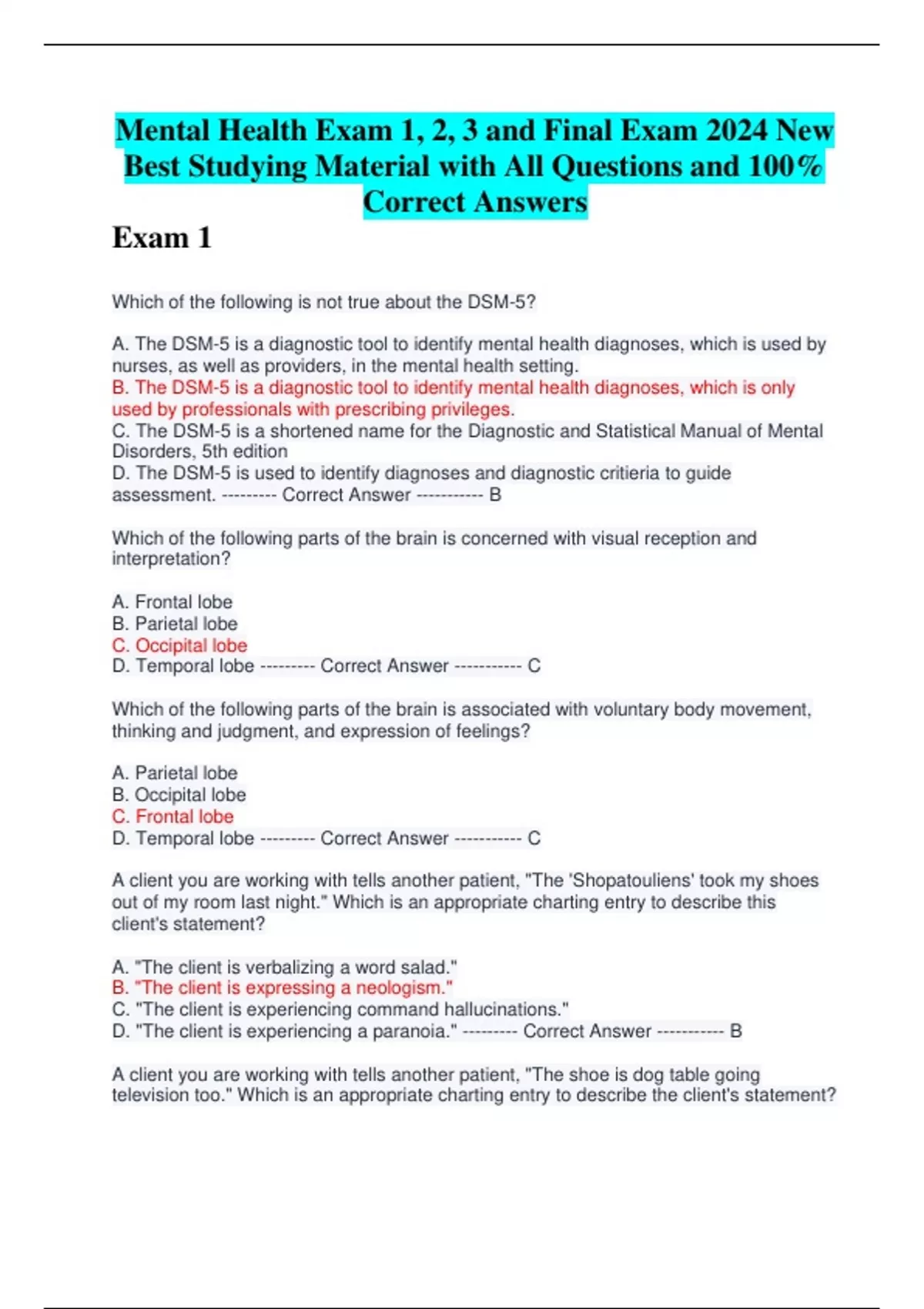 Mental Health Exam 1, 2, 3 and Final Exam 2024 New Best Studying ...