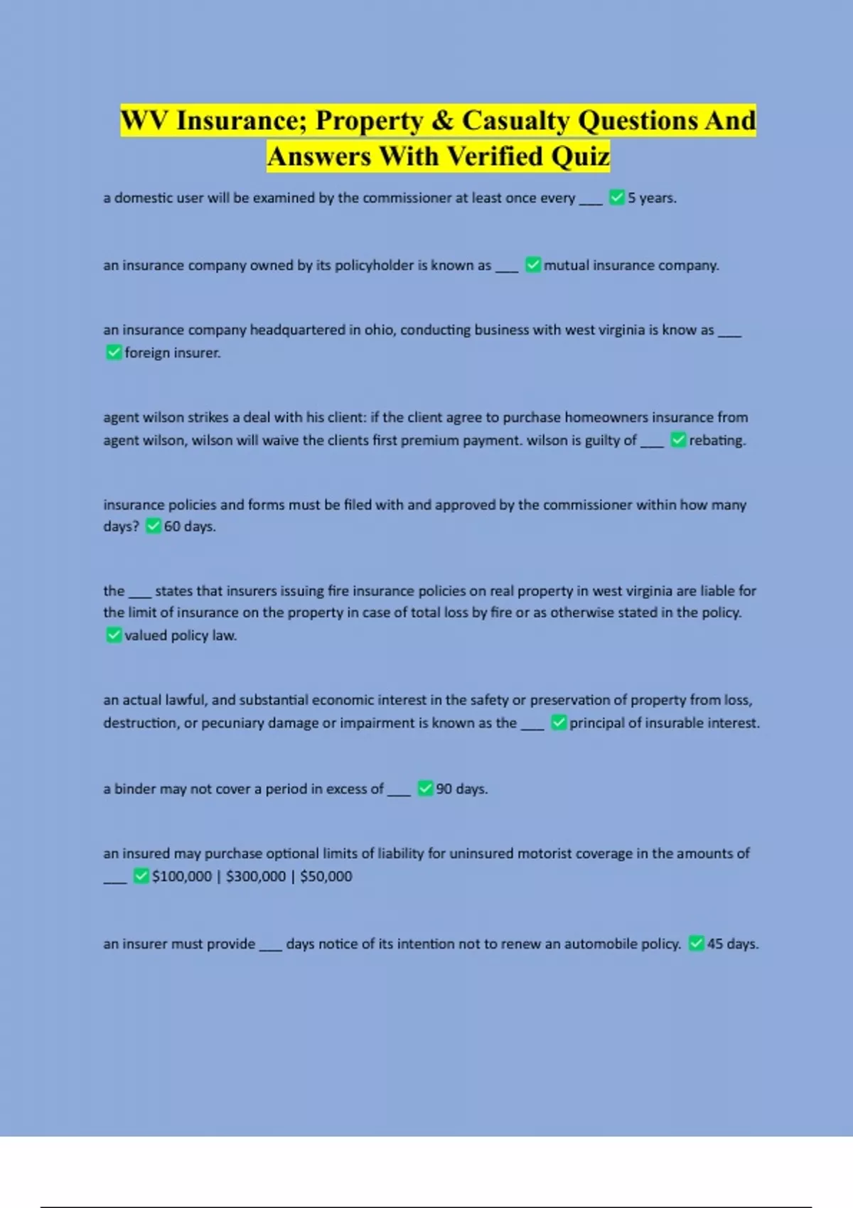 WV Insurance; Property & Casualty Questions And Answers With Verified ...