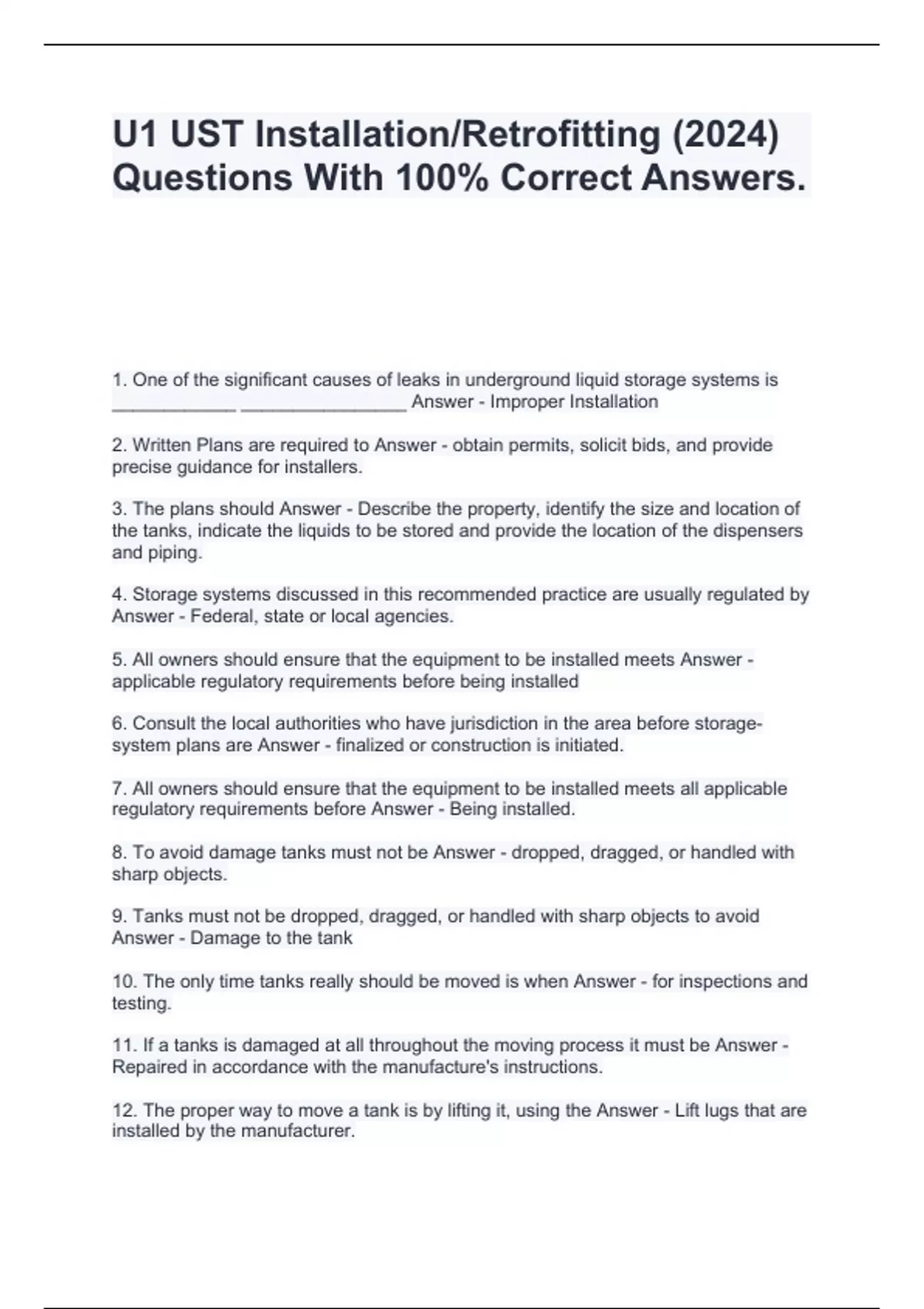 U1 UST Installation/Retrofitting (2024) Questions With 100% Correct Answers. - U1 UST - Stuvia US