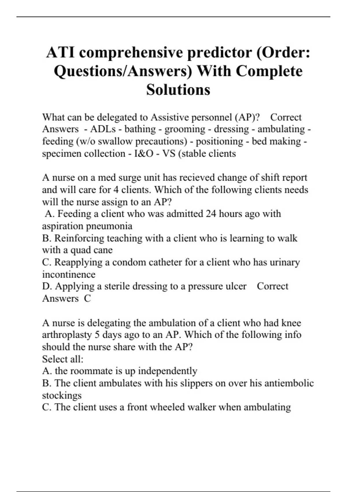 ATI comprehensive predictor (Order: Questions/Answers) With Complete Solutions - ATI ...