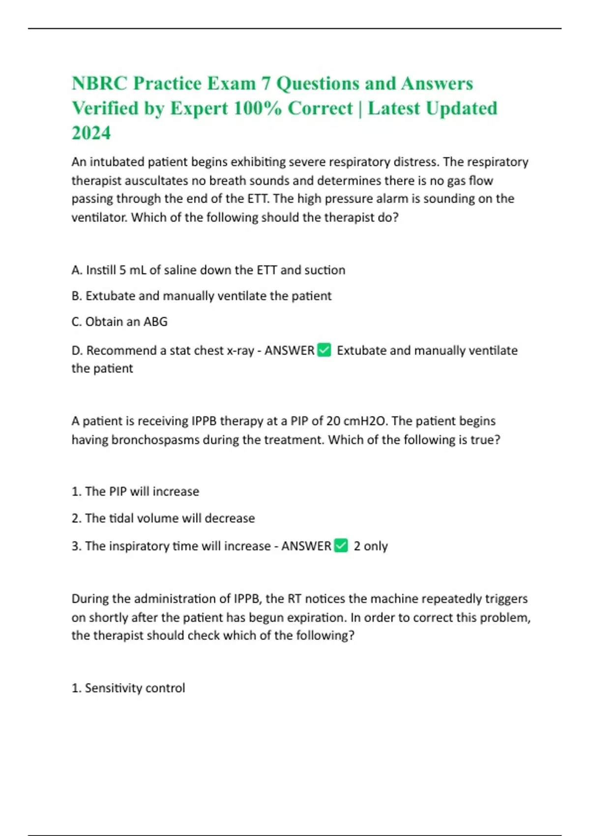 NBRC Practice Exam 7 Questions and Answers Verified by Expert 100% ...