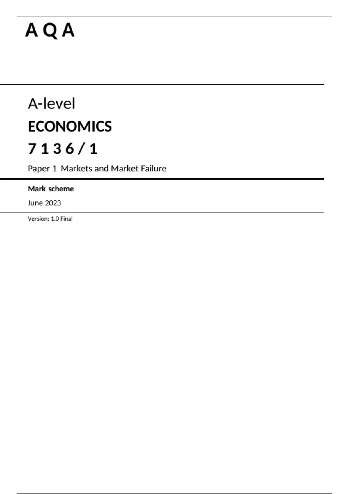 AQA A LEVEL ECONOMICS PAPER 1 June 2023 Question paper and MARKSCHEME ...