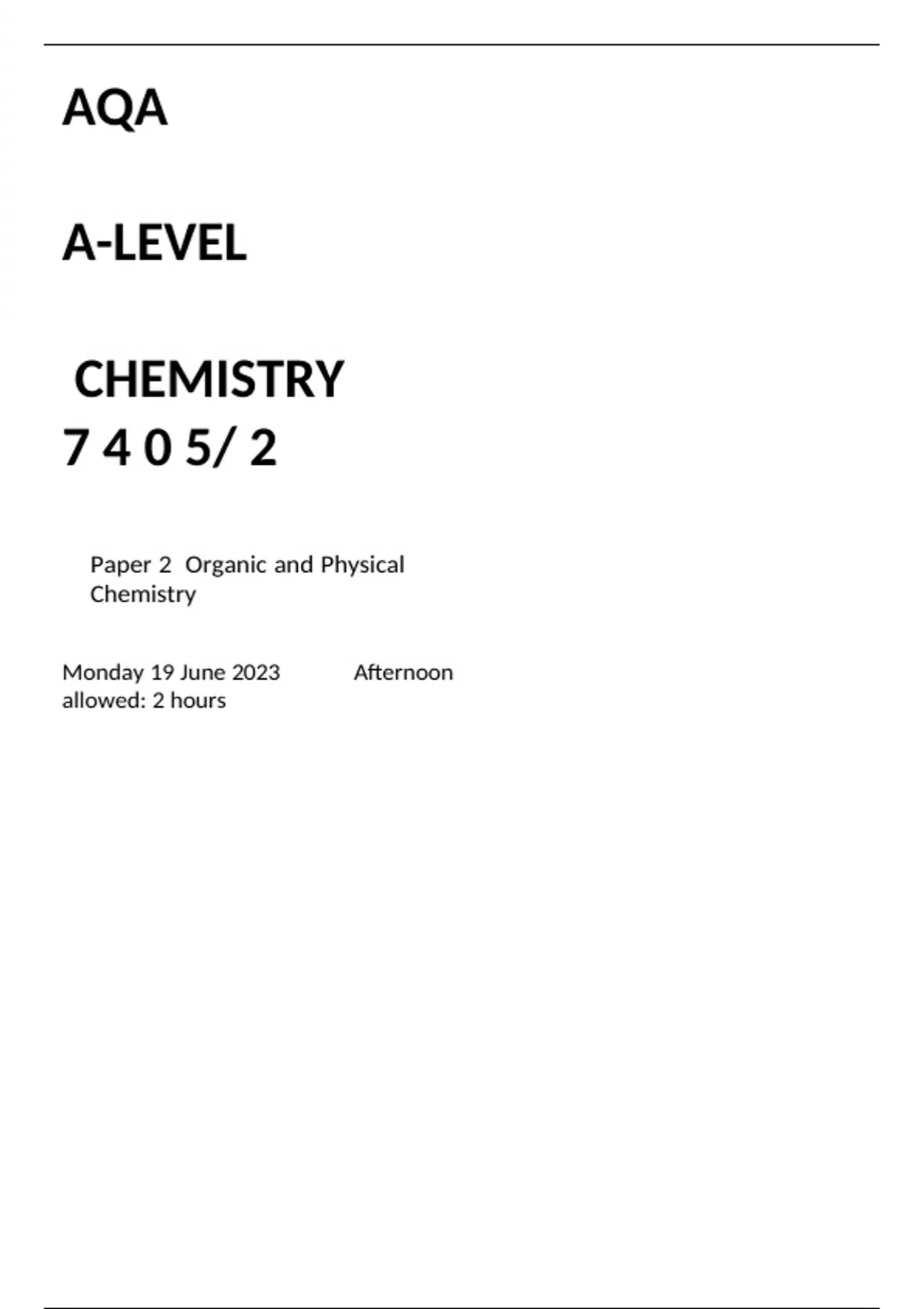 AQA A Level Chemistry paper 2 for June 202-3 QUESTION PAPER - Chemistry ...