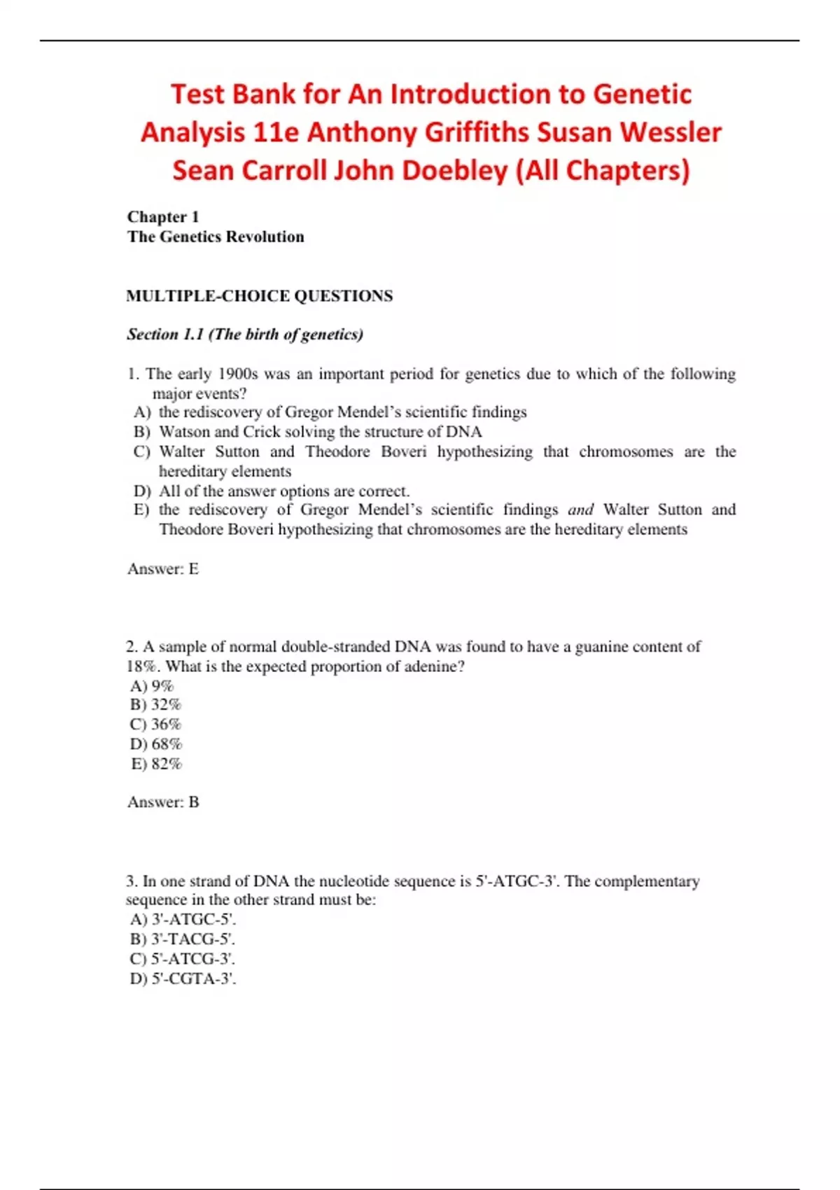 Test Bank For An Introduction to Genetic Analysis 11th Edition By ...