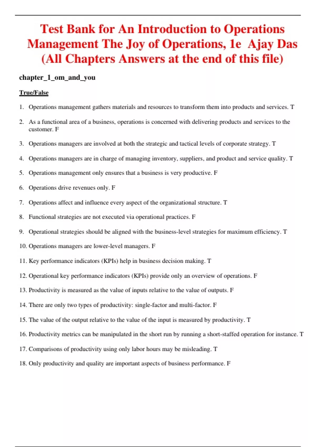 Test Bank For An Introduction to Operations Management The Joy of ...