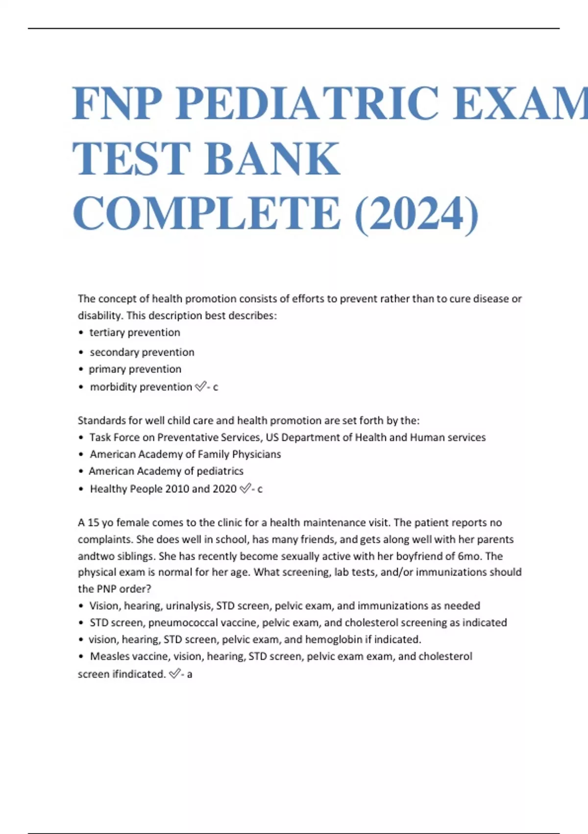 FNP PEDIATRIC EXAM TEST BANK COMPLETE (2024) - FNP PEDIATRIC - Stuvia US
